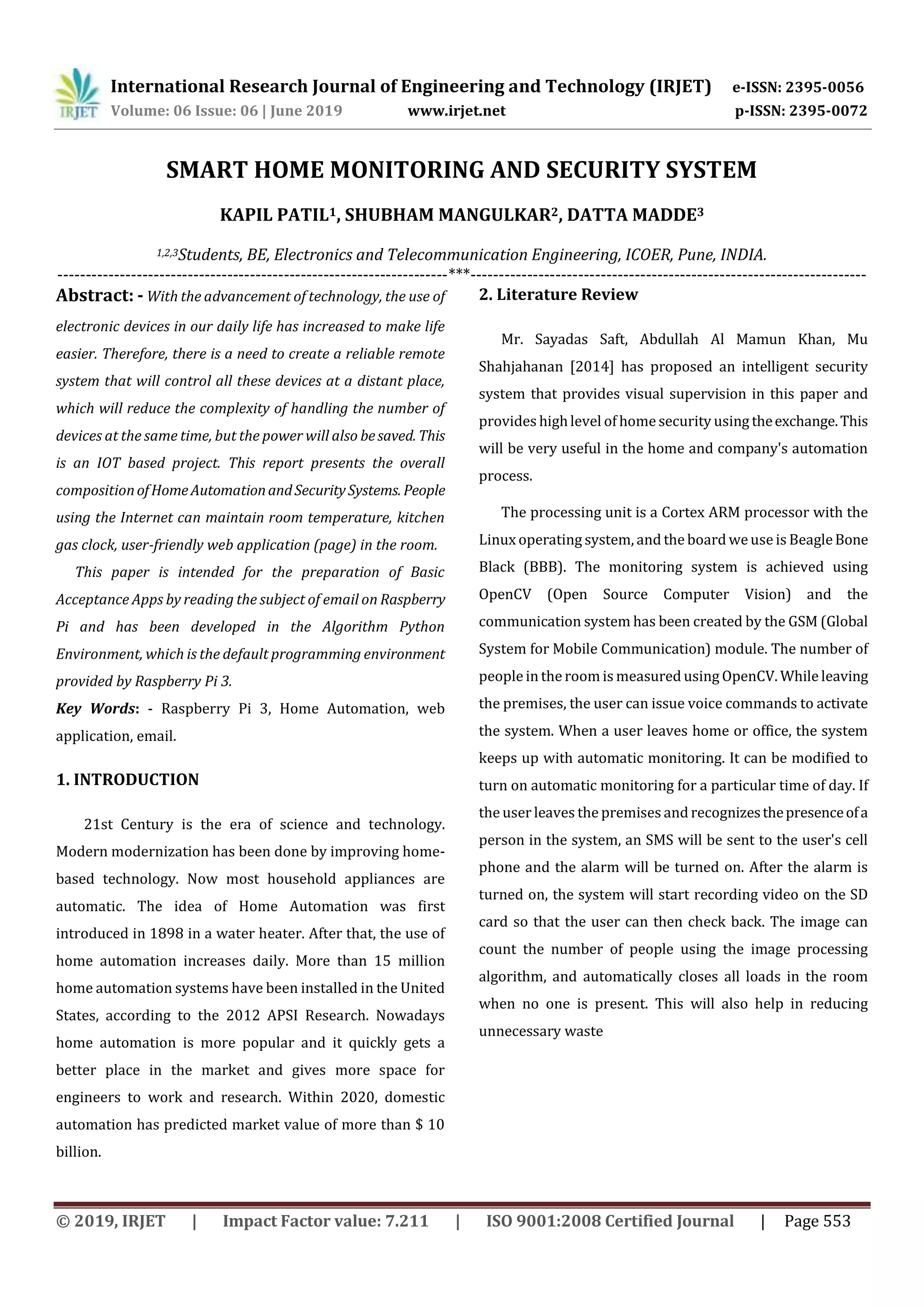 IRJET- Smart Home Monitoring and Security System | PDF