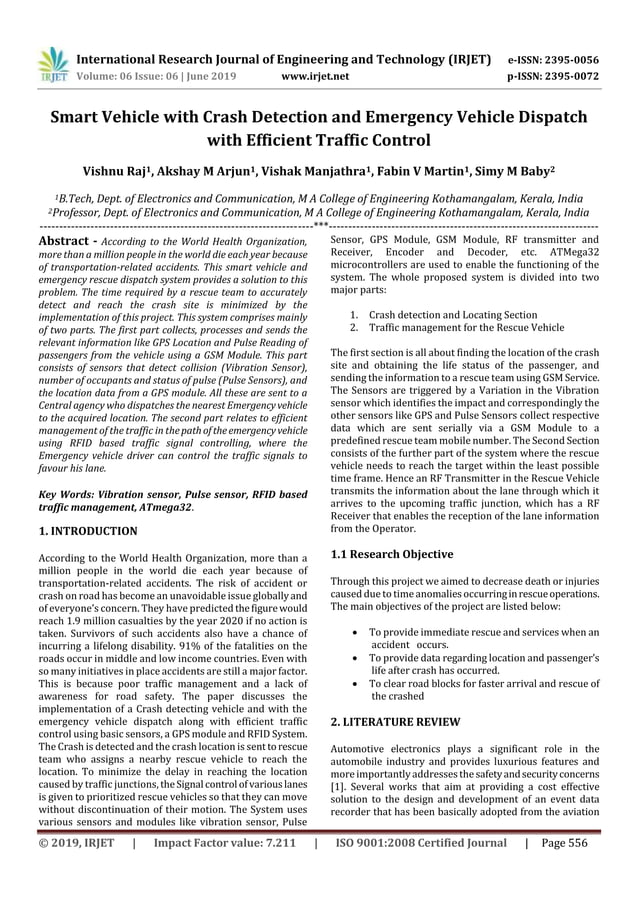 IRJET- Smart Vehicle with Crash Detection and Emergency Vehicle Dispatch with Efficient Traffic ...