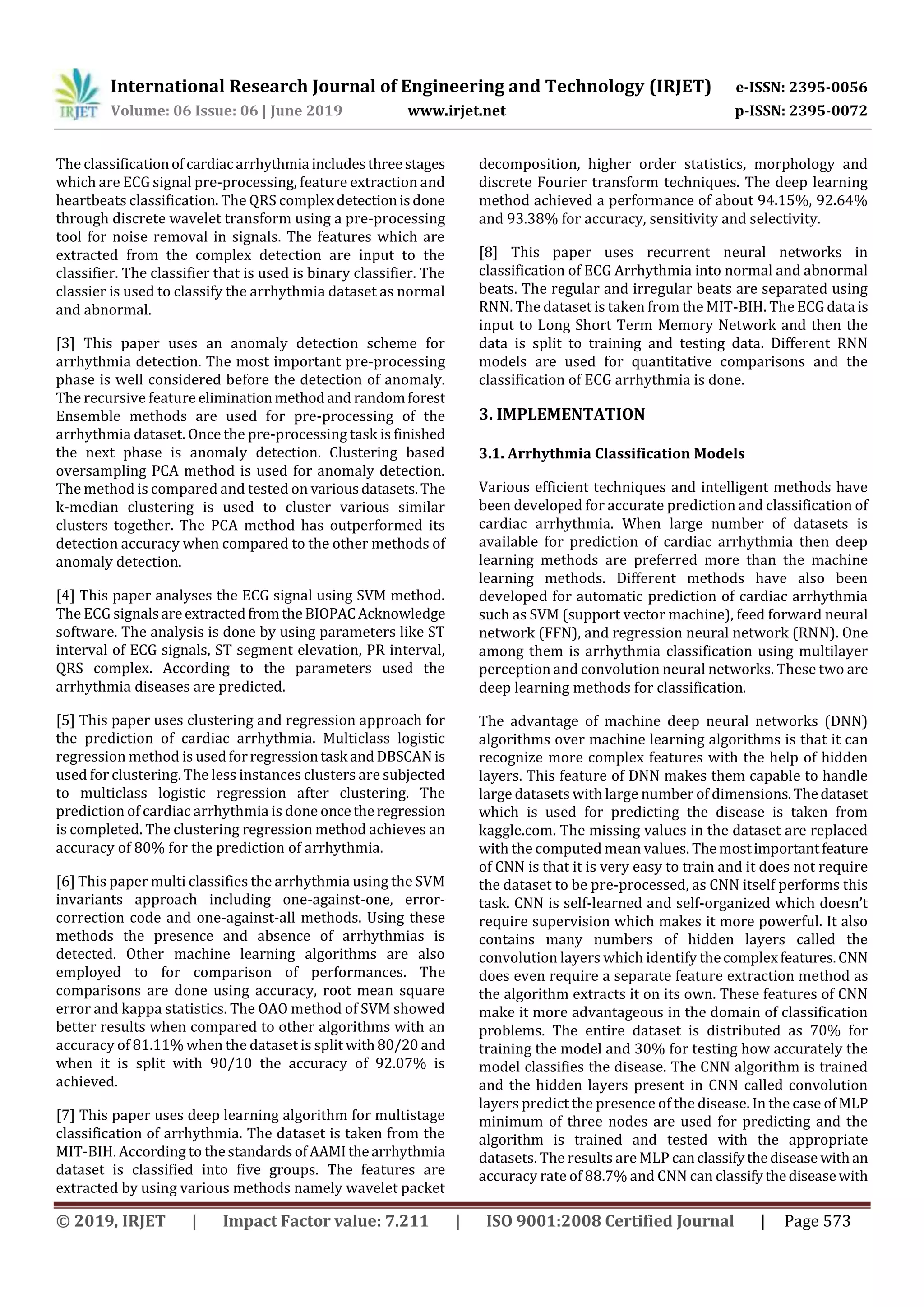 IRJET- Prediction and Classification of Cardiac Arrhythmia | PDF