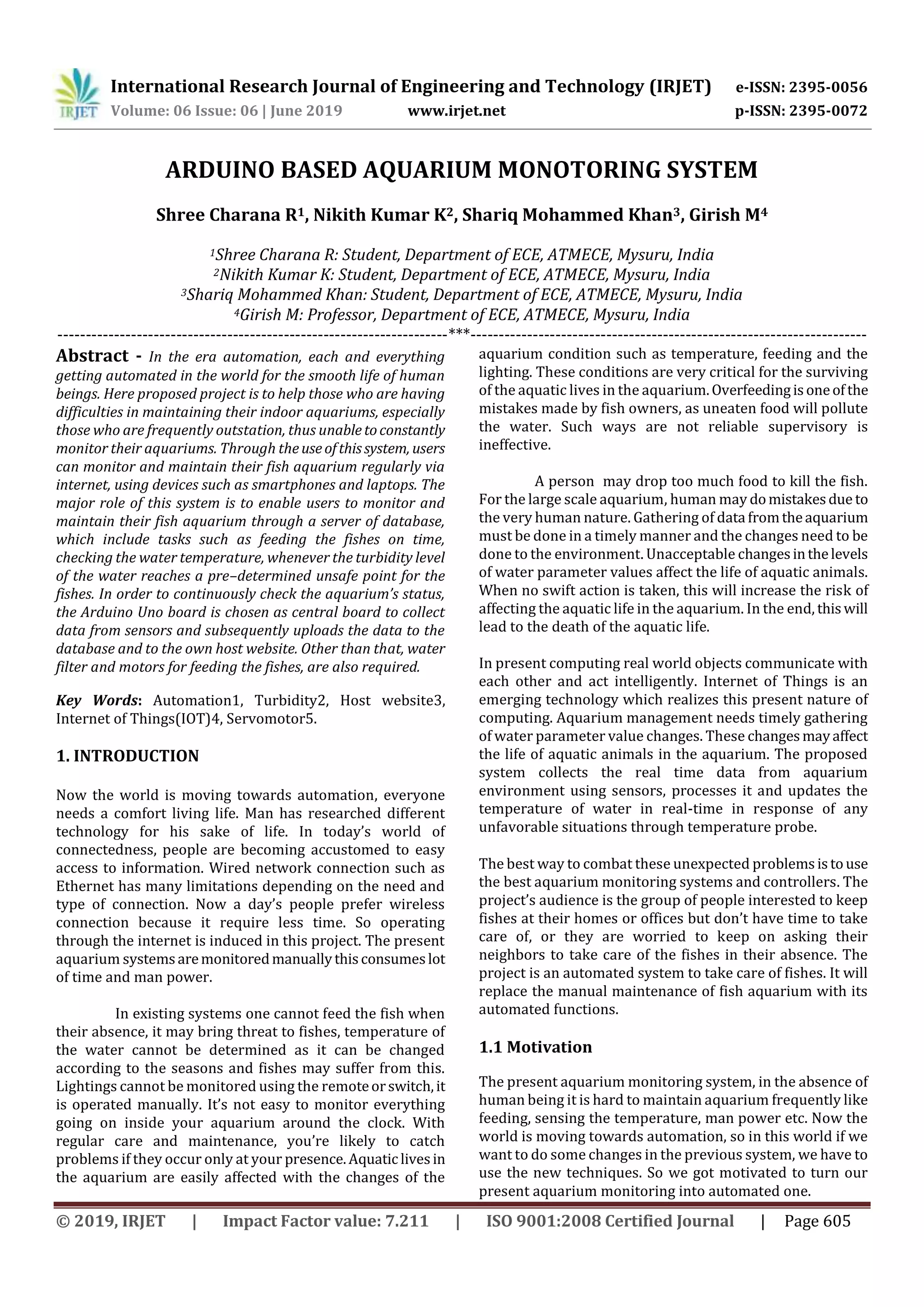 IRJET- Arduino based Aquarium Monitoring System | PDF