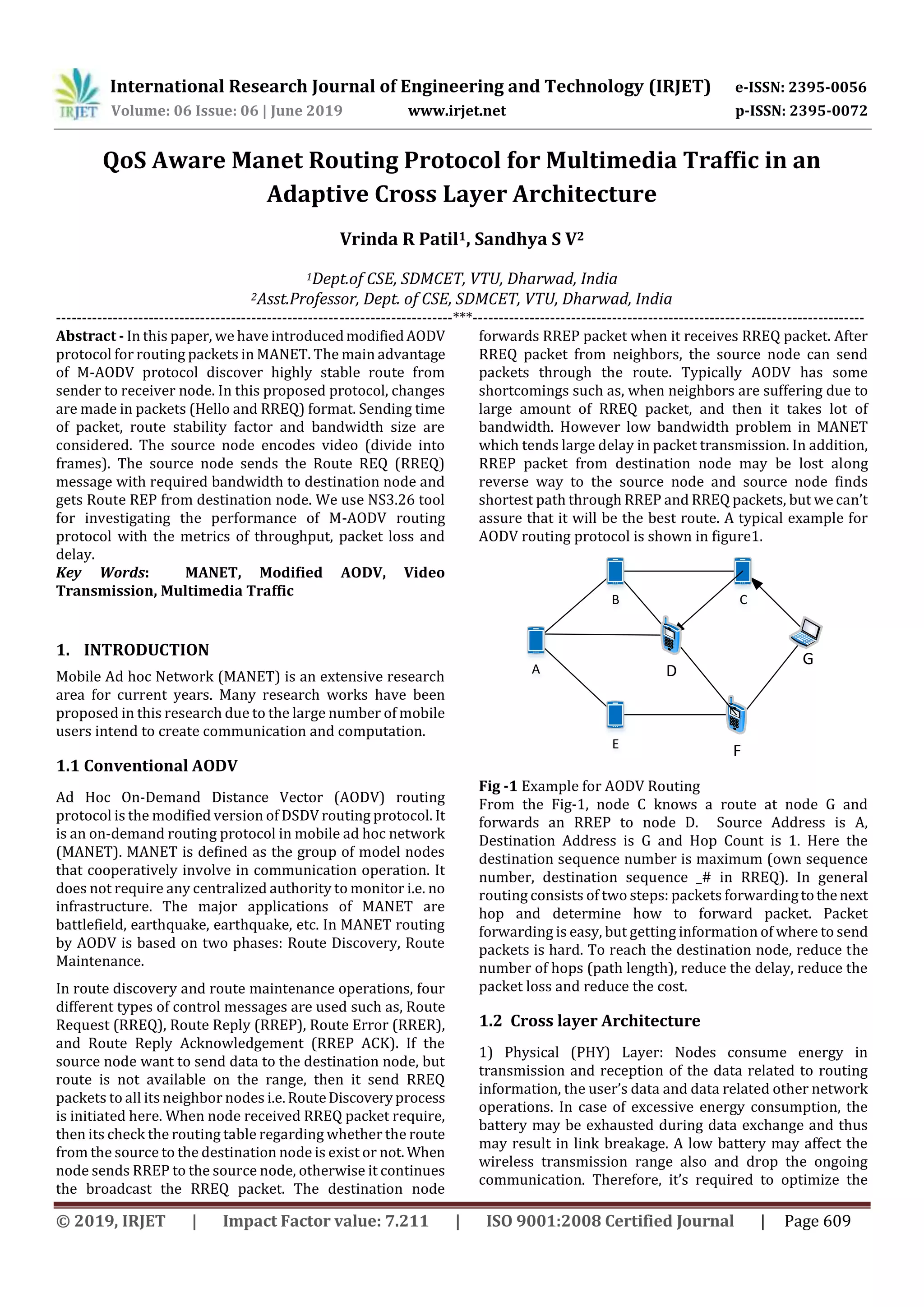 Irjet Qos Aware Manet Routing Protocol For Multimedia Traffic In An Adaptive Cross Layer 