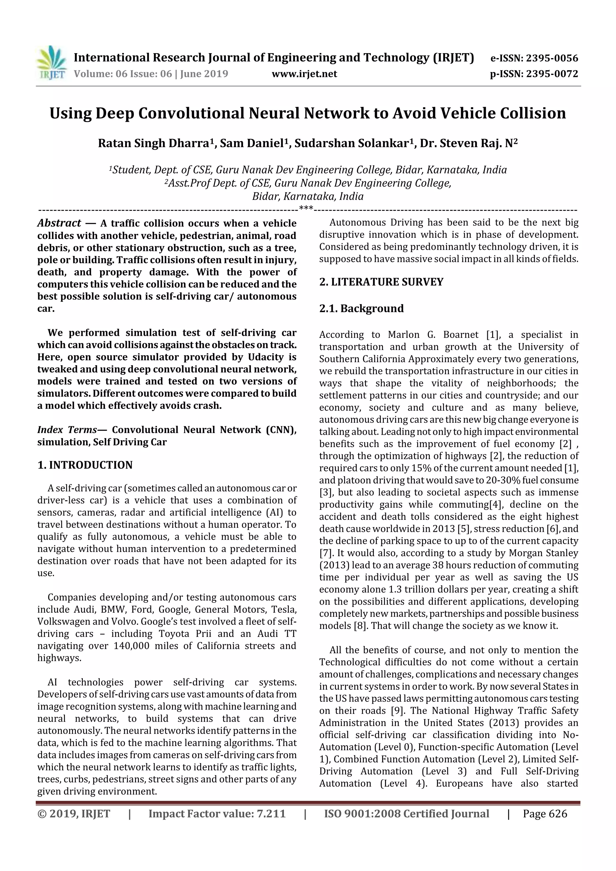 IRJET- Using Deep Convolutional Neural Network to Avoid Vehicle Collision | PDF