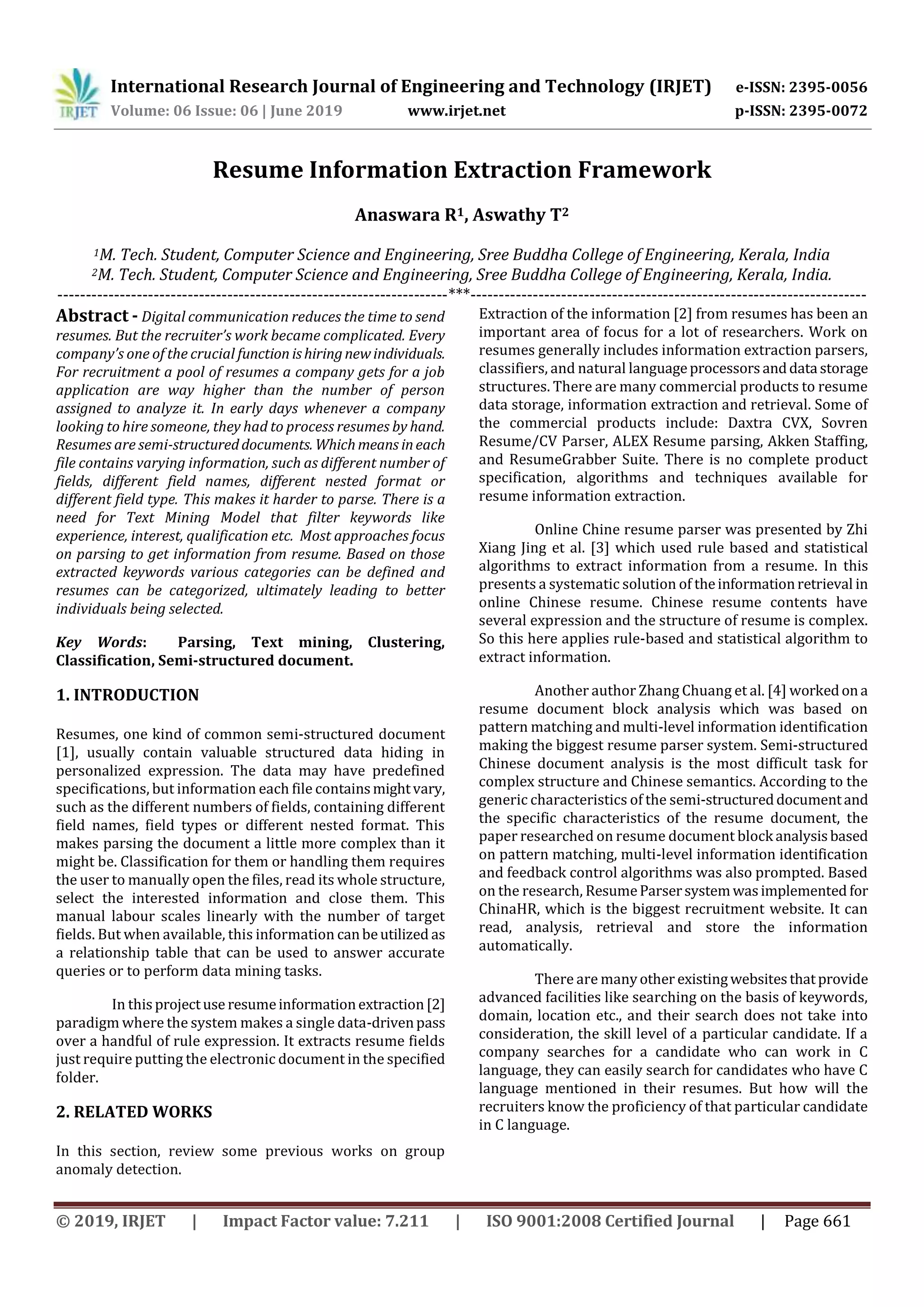 IRJET- Resume Information Extraction Framework | PDF