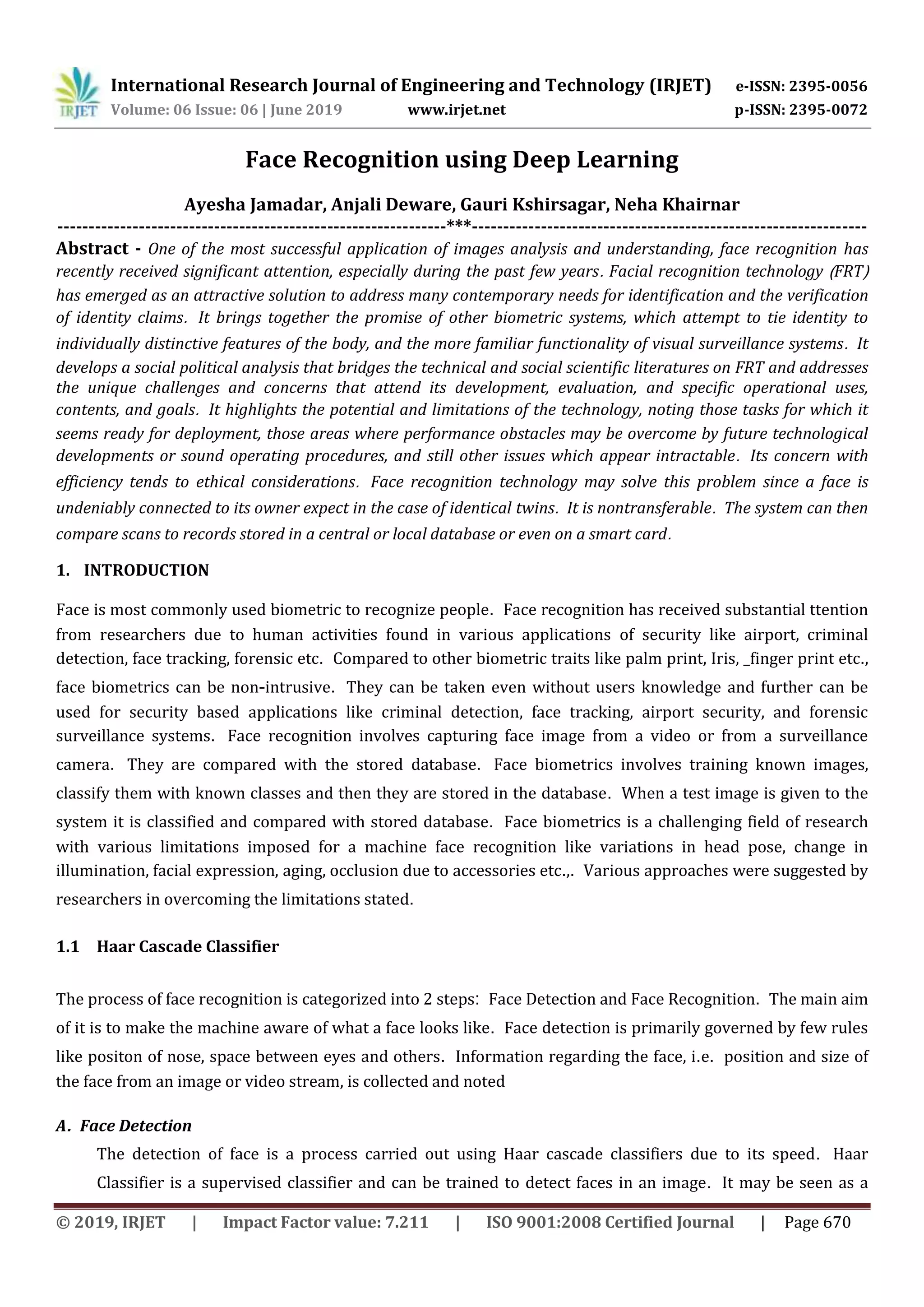 IRJET- Face Recognition using Deep Learning | PDF