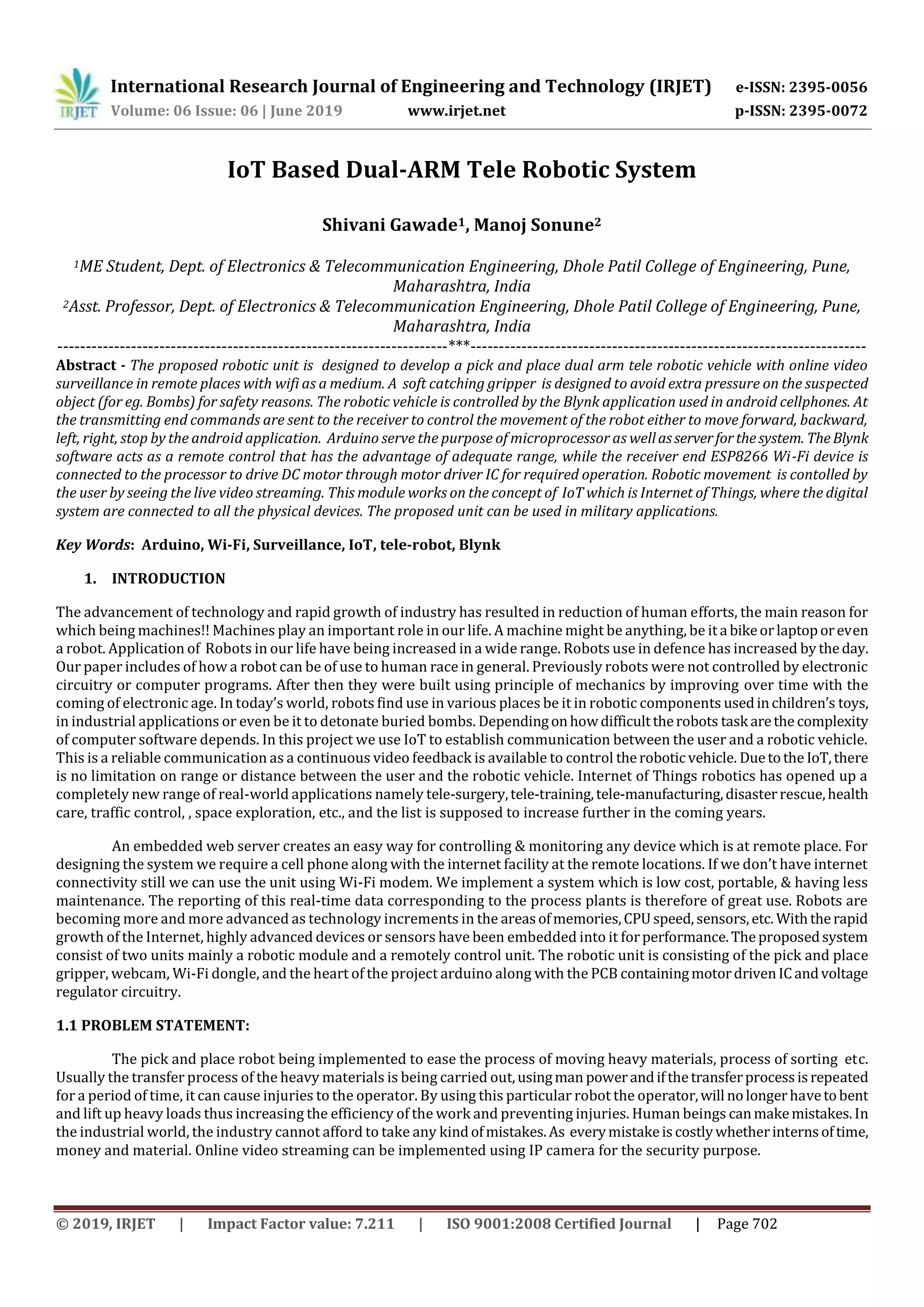 IRJET- IoT based Dual-ARM Tele Robotic System | PDF
