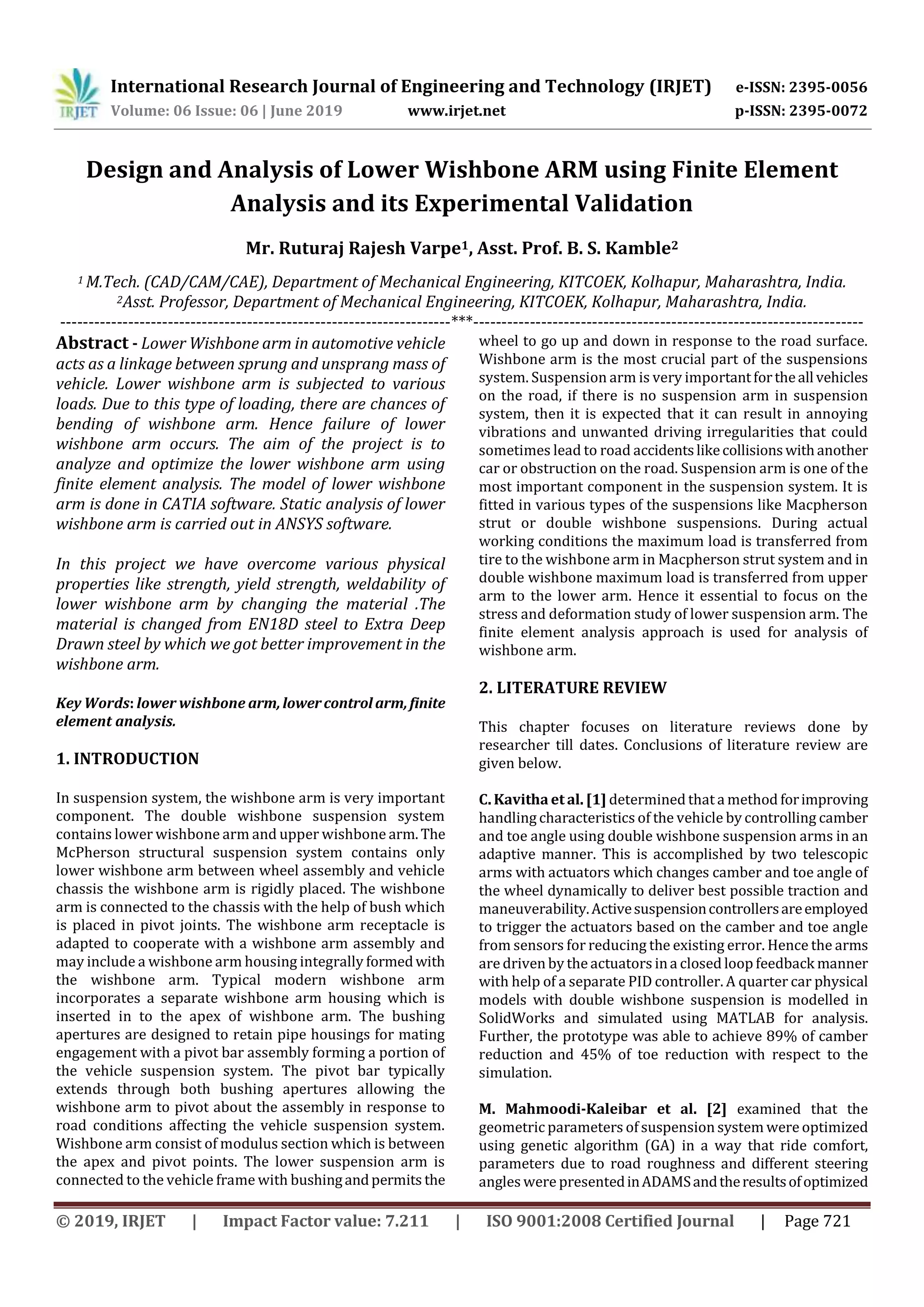 IRJET- Design and Analysis of Lower Wishbone arm using Finite Element Analysis and its ...