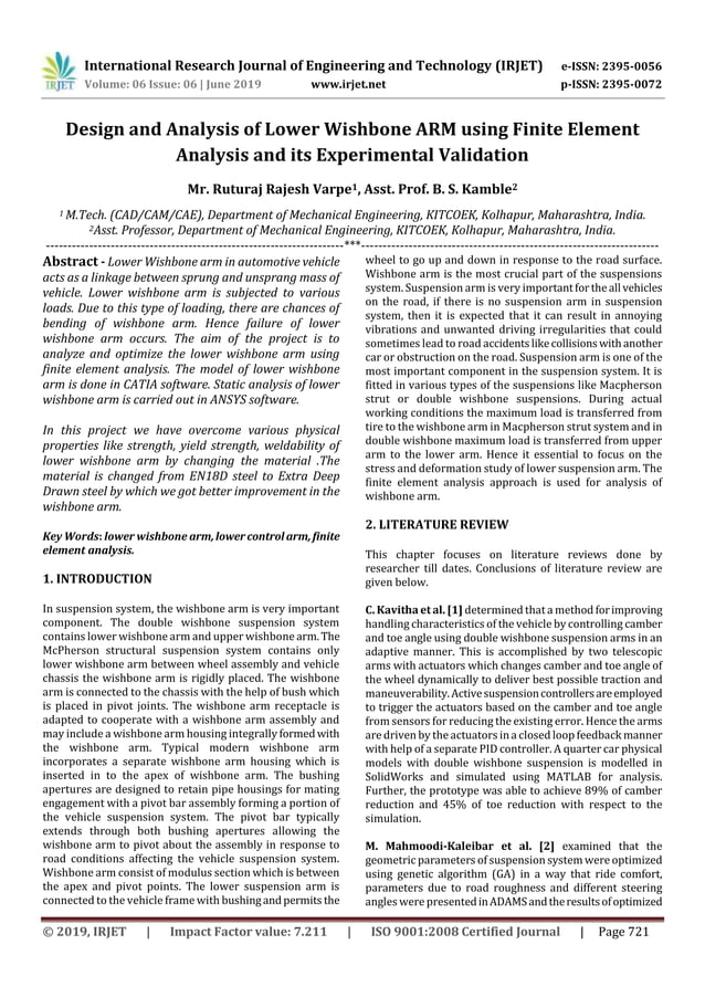 IRJET- Design and Analysis of Lower Wishbone arm using Finite Element Analysis and its ...
