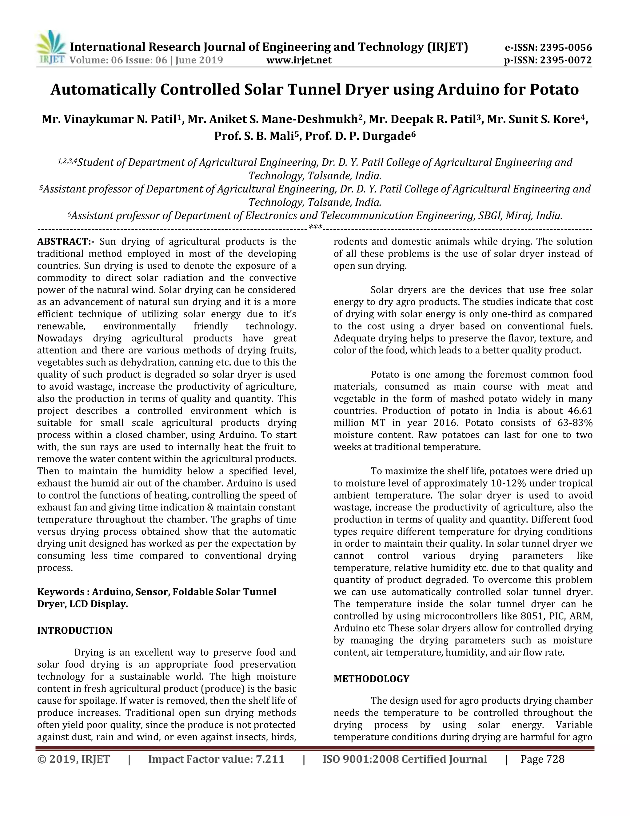 IRJET- Automatically Controlled Solar Tunnel Dryer using Arduino for Potato | PDF