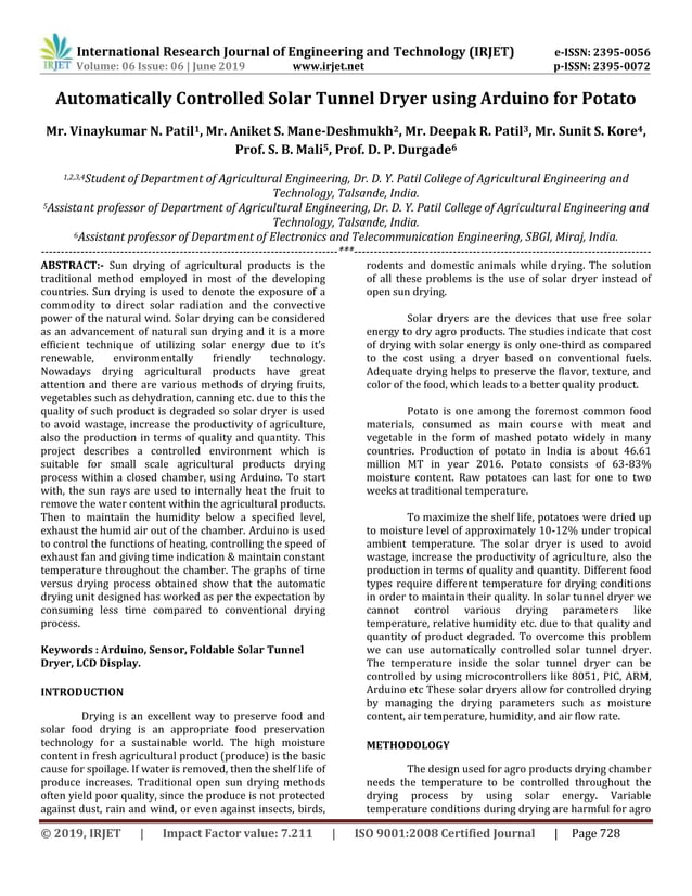IRJET- Automatically Controlled Solar Tunnel Dryer using Arduino for Potato | PDF