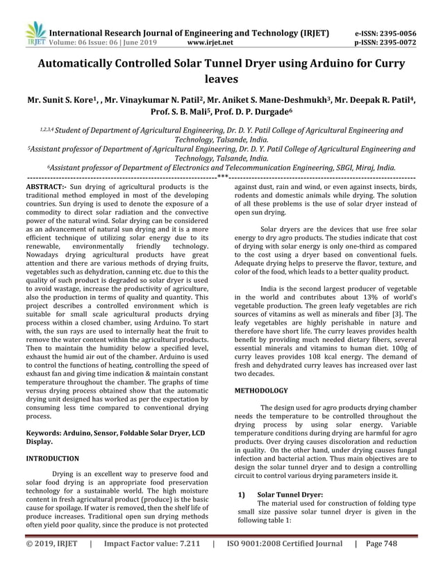 IRJET- Automatically Controlled Solar Tunnel Dryer using Arduino for Curry Leaves | PDF