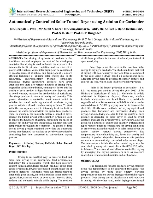 IRJET- Automatically Controlled Solar Tunnel Dryer using Arduino for Coriander | PDF