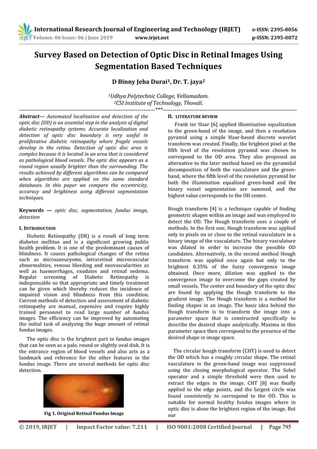 Irjet Survey Based On Detection Of Optic Disc In Retinal Images Using Segmentation Based