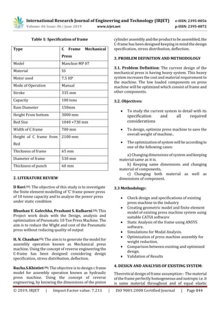 IRJET- Structural Analysis and Optimization of ‘C’ Frame of Mechanical ...