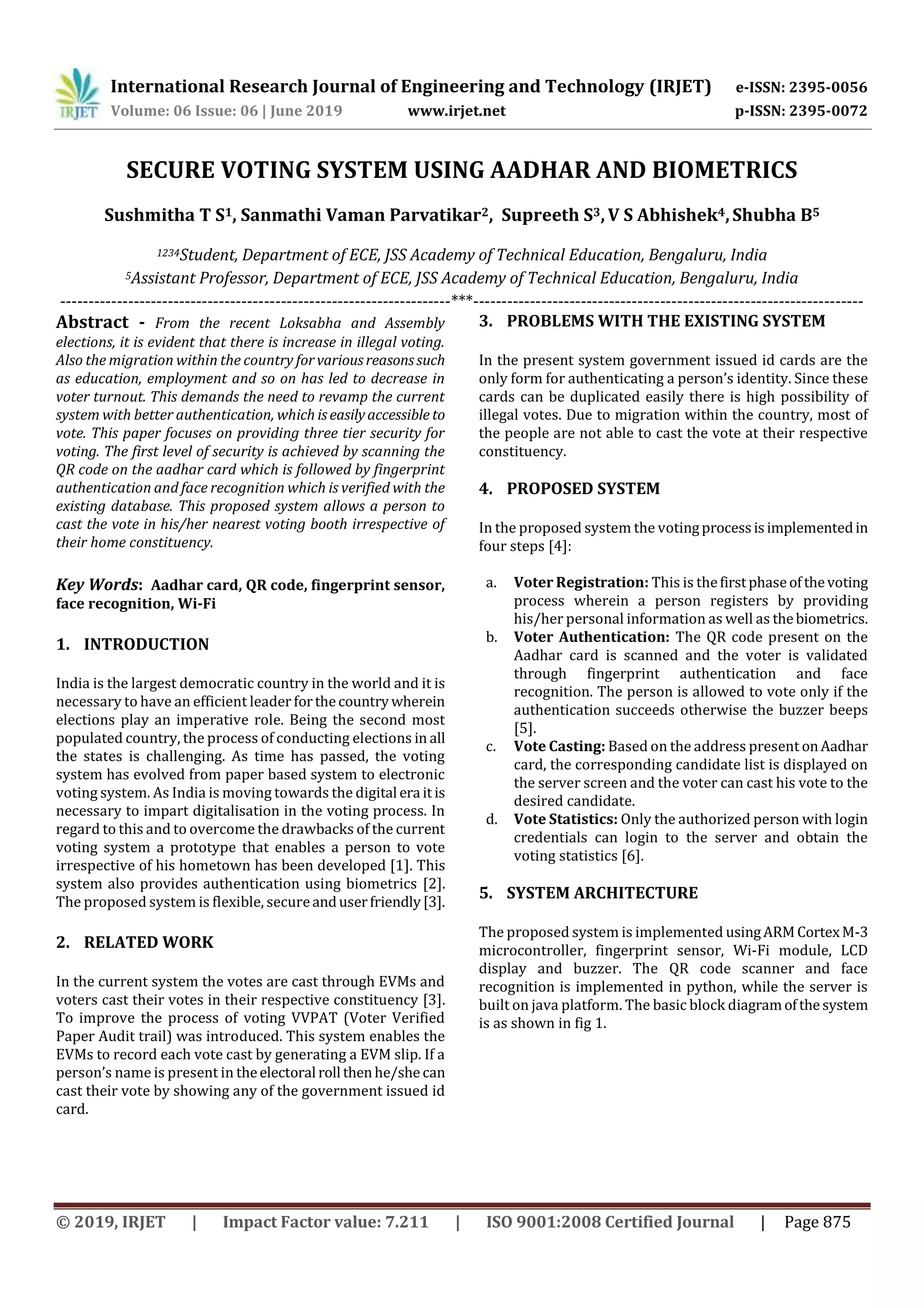 IRJET- Secure Voting System using Aadhar and Biometrics | PDF