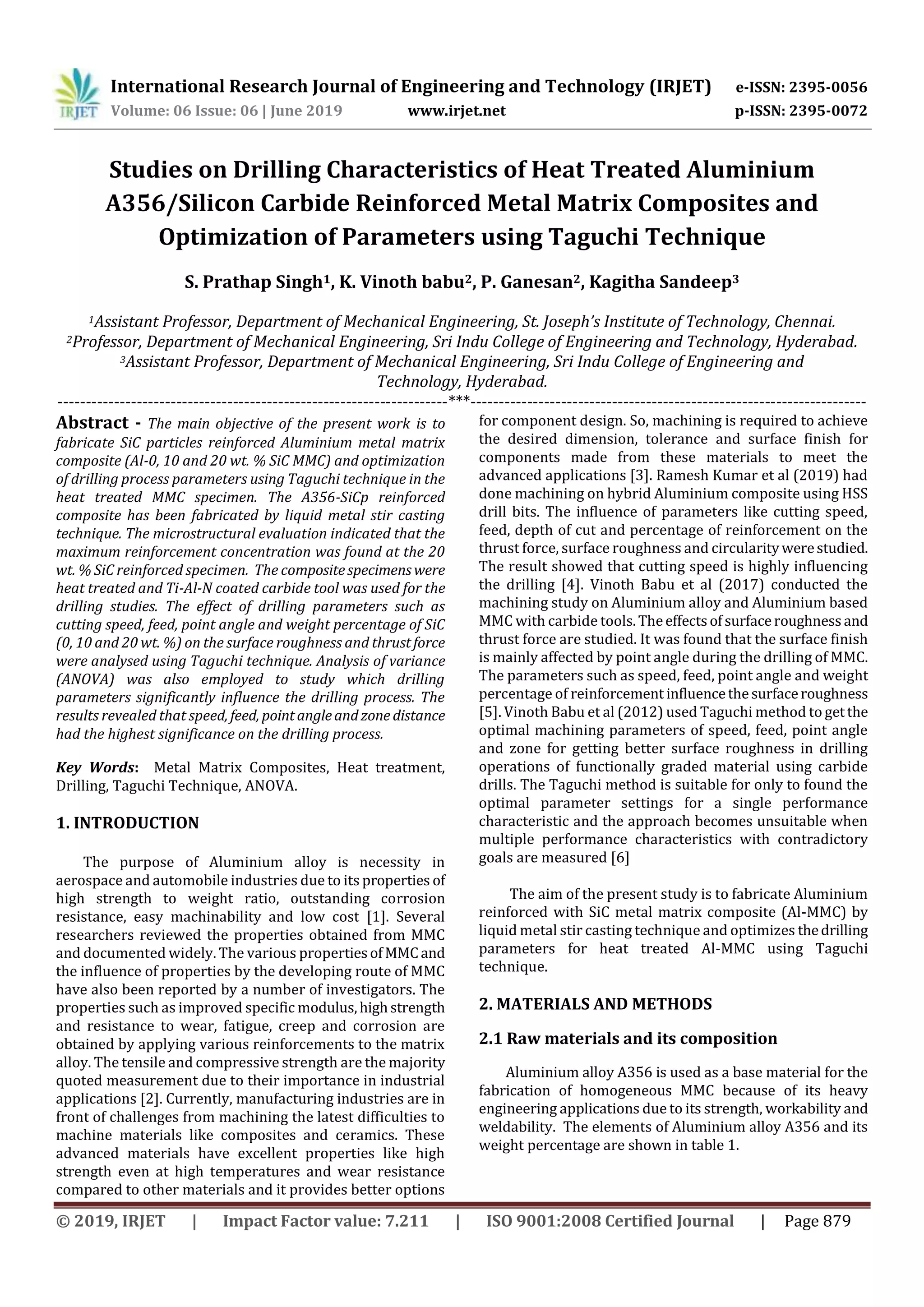 IRJET- Studies on Drilling Characteristics of Heat Treated Aluminium A356/Silicon Carbide ...