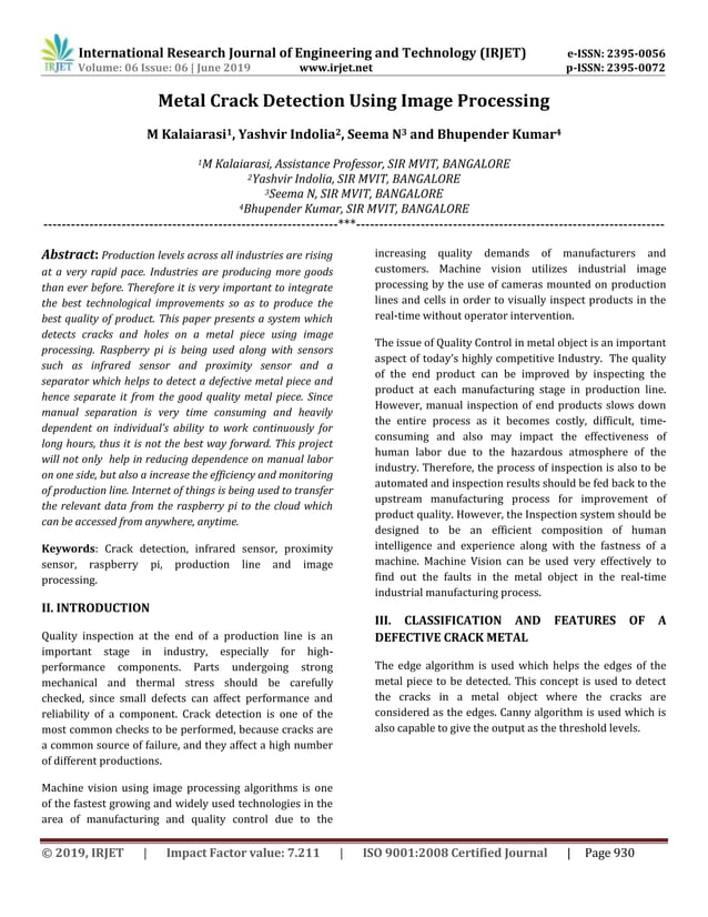 IRJET- Metal Crack Detection using Image Processing | PDF | Cameras and ...