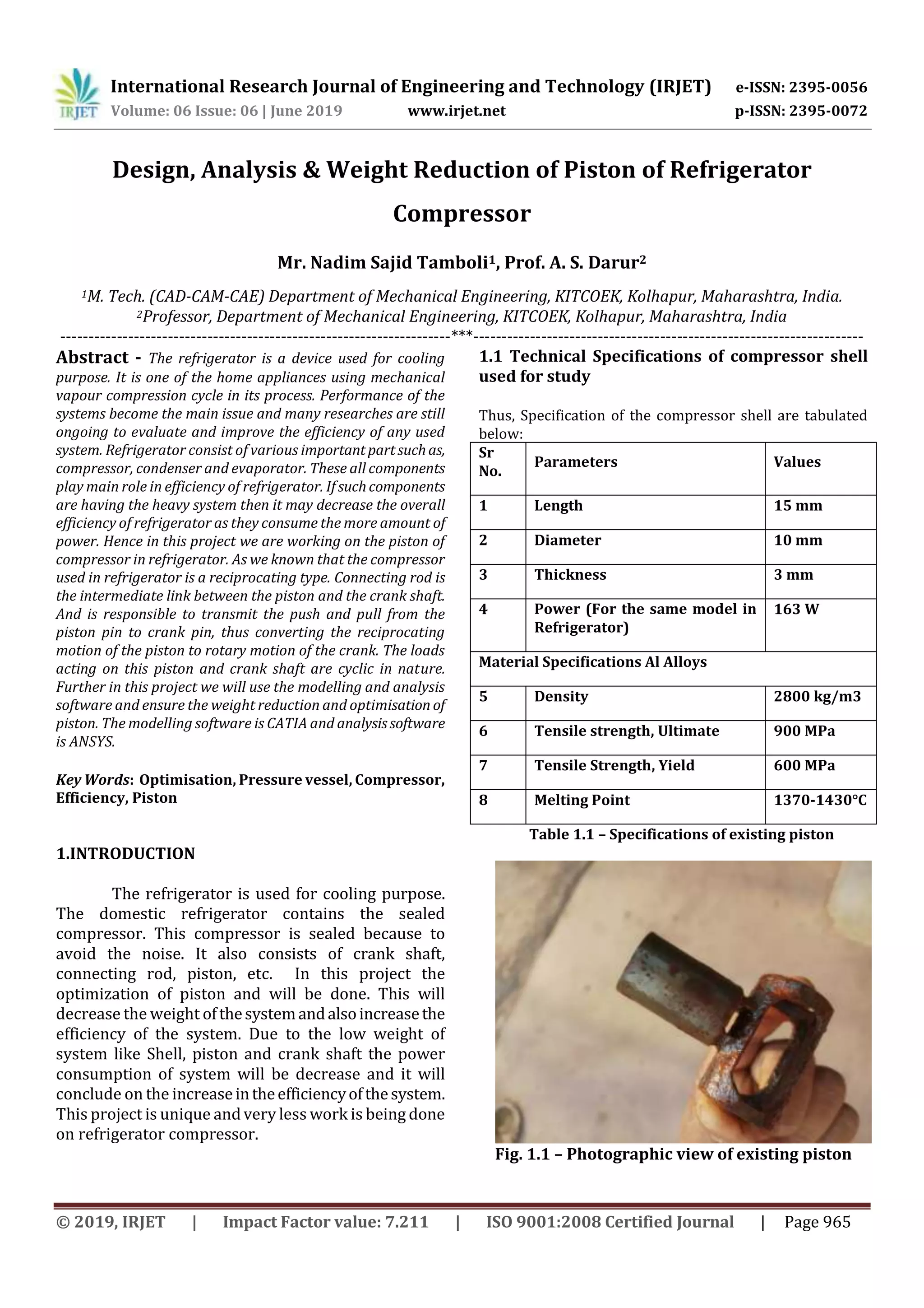 IRJET- Design, Analysis & Weight Reduction of Piston of Refrigerator ...