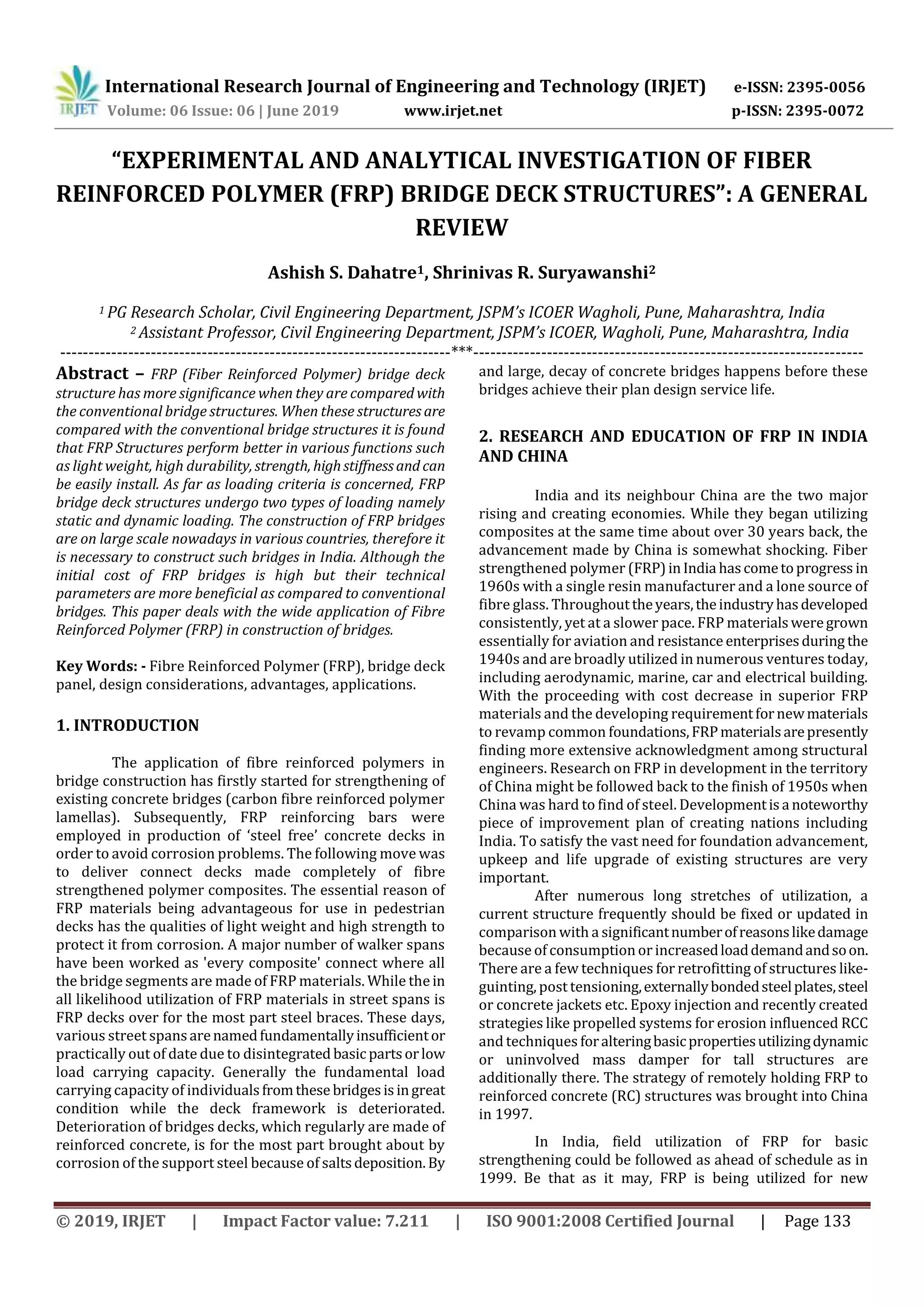 IRJET- Experimental and Analytical Investigation of Fiber Reinforced Polymer (FRP) Bridge Deck ...