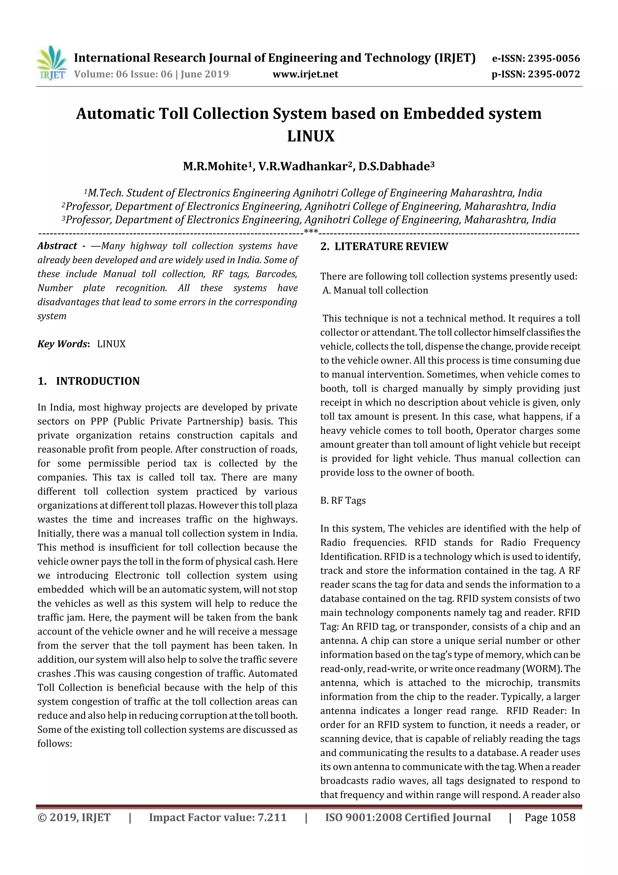 IRJET- Automatic Toll Collection System based on Embedded System LINUX | PDF