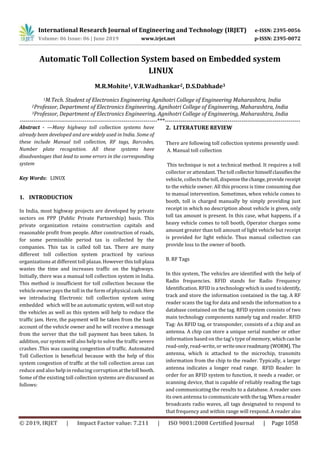 IRJET- Automatic Toll Collection System based on Embedded System LINUX | PDF