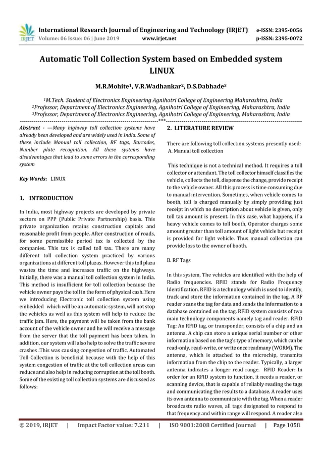 IRJET- Automatic Toll Collection System based on Embedded System LINUX | PDF