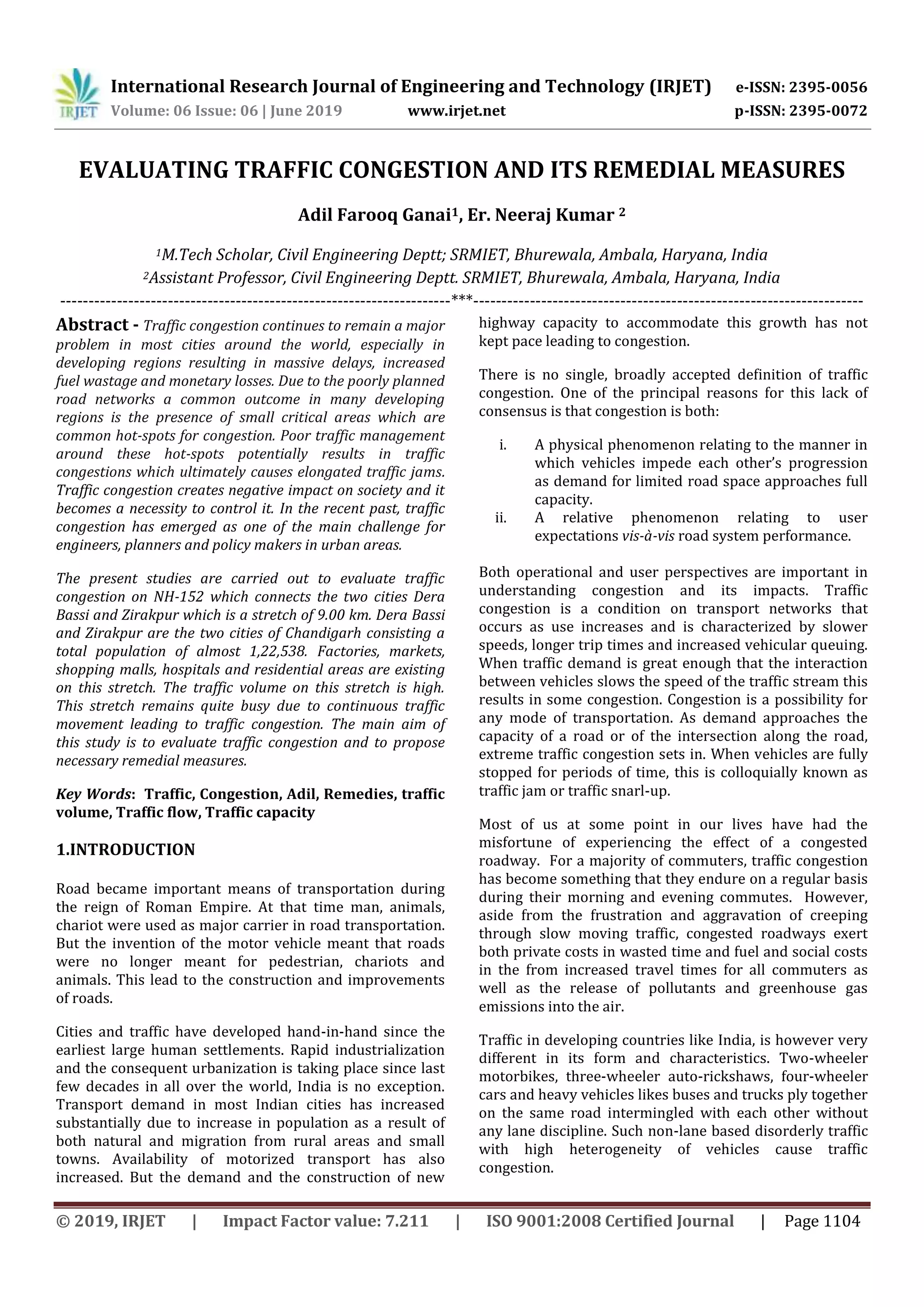 Irjet Evaluating Traffic Congestion And Its Remedial Measures Pdf Business Business And