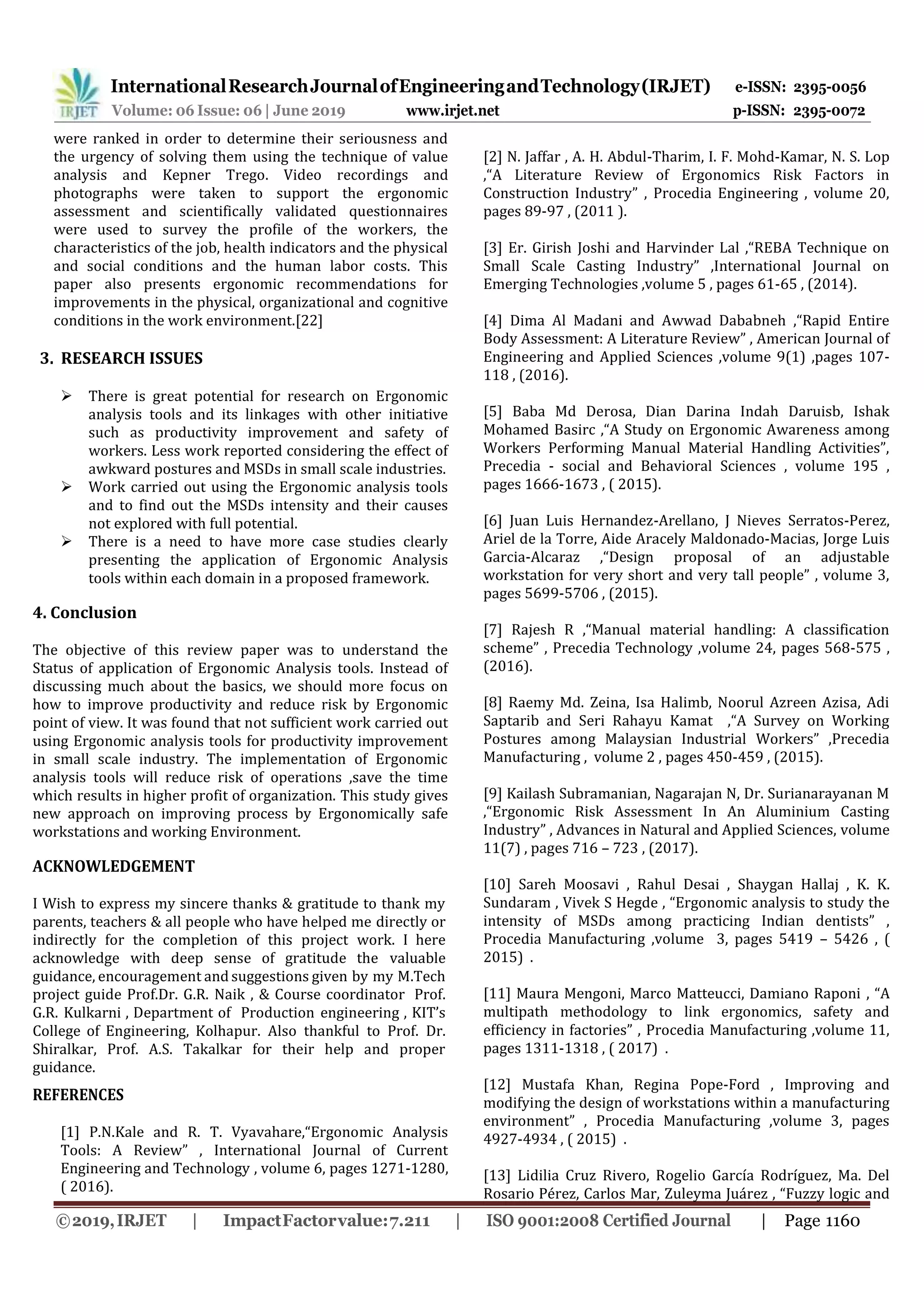 IRJET- Applications of Ergonomic Analysis Tools in an Industry: A ...