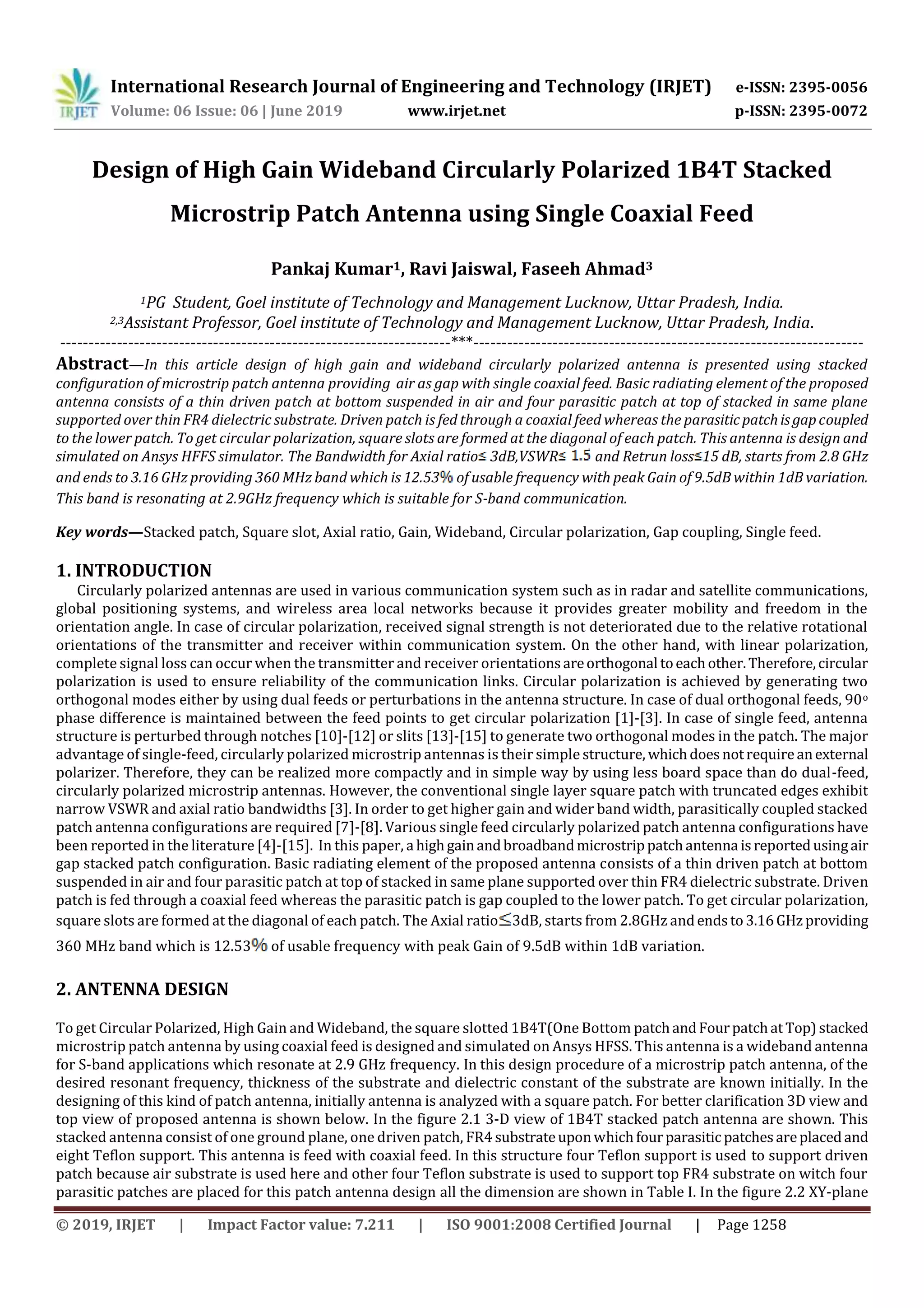 IRJET- Design of High Gain Wideband Circularly Polarized 1B4T Stacked ...
