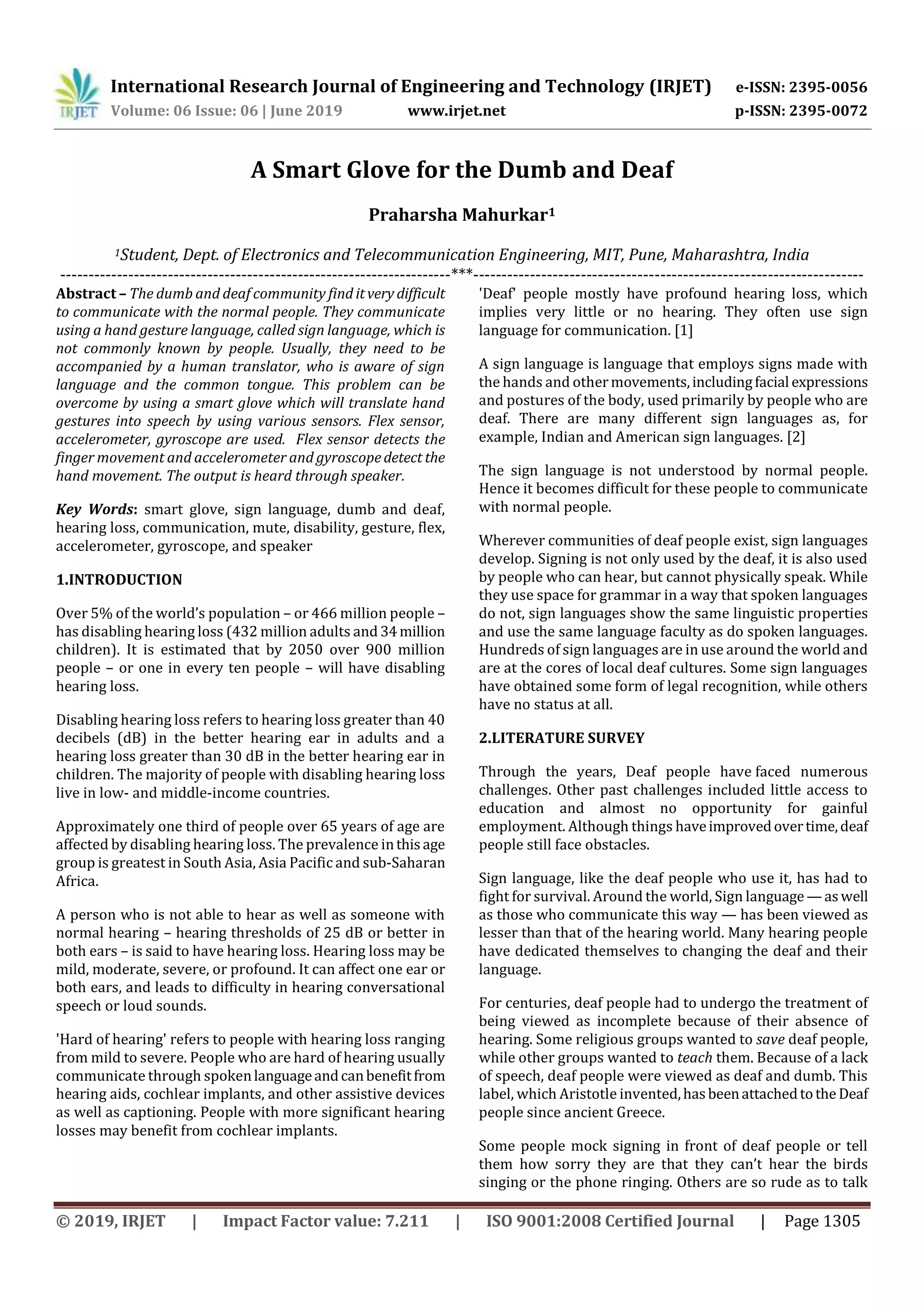 IRJET- A Smart Glove for the Dumb and Deaf | PDF