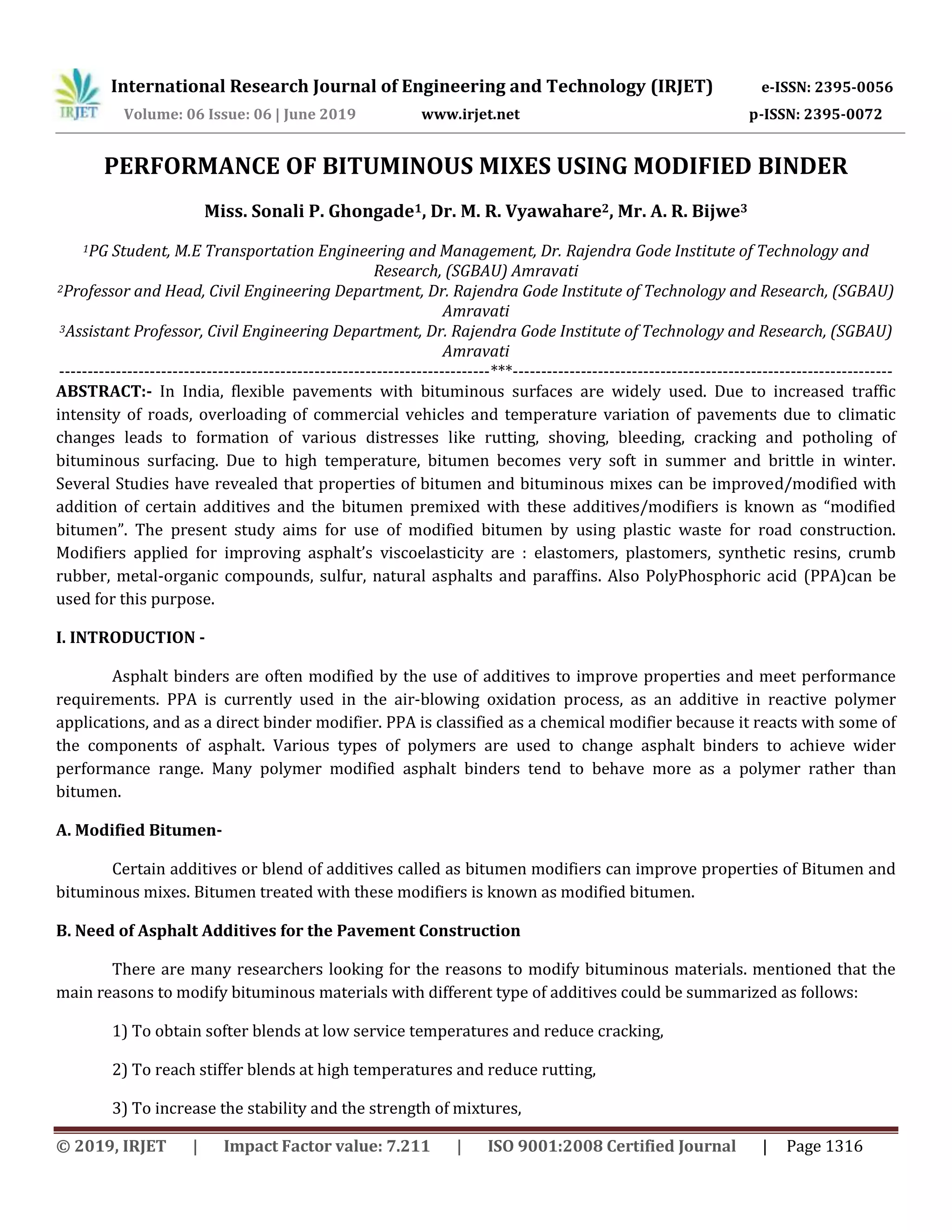 IRJET- Performance of Bituminous Mixes using Modified Binder | PDF