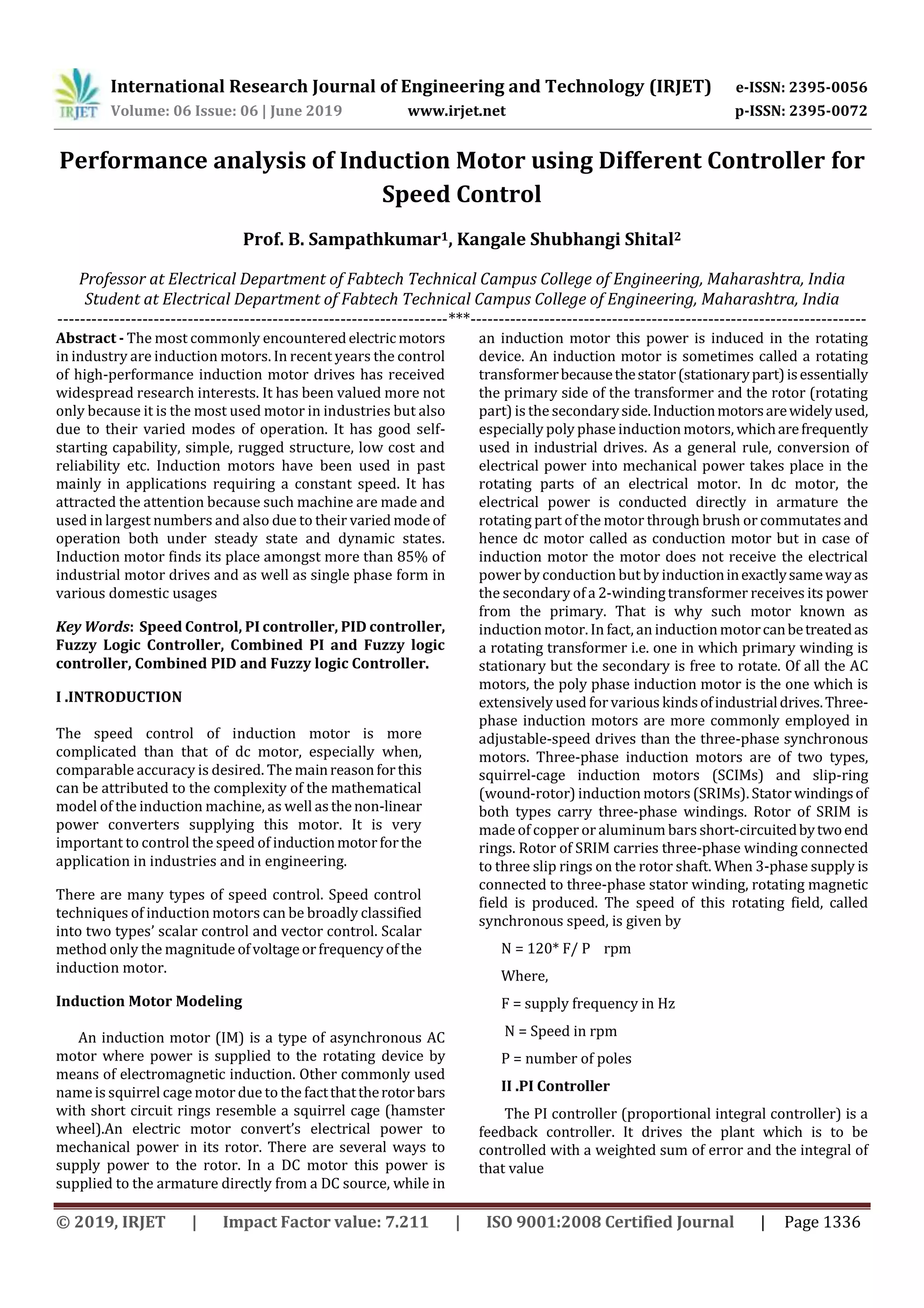 Irjet Performance Analysis Of Induction Motor Using Different Controller For Speed Control Pdf