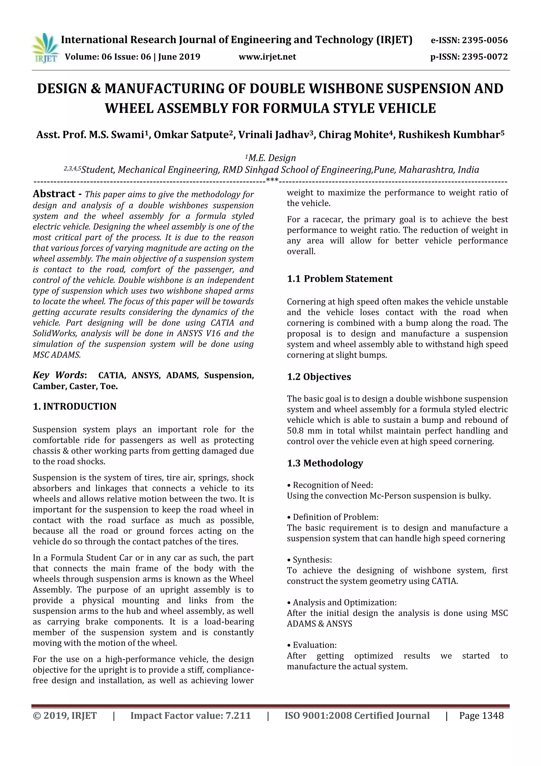 IRJET- Design & Manufacturing of Double Wishbone Suspension and Wheel ...