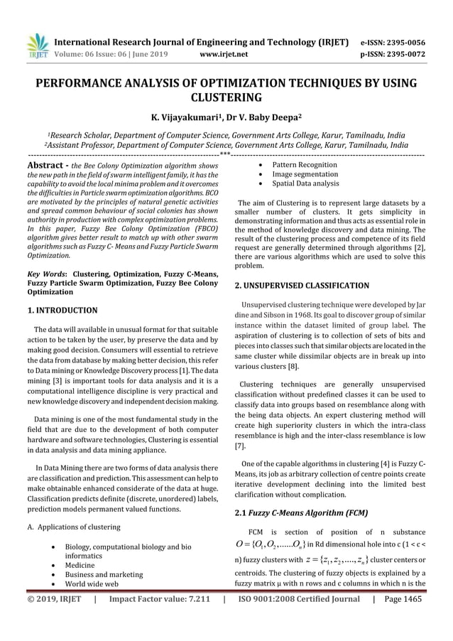IRJET- Performance Analysis of Optimization Techniques by using Clustering | PDF | Beekeeping ...