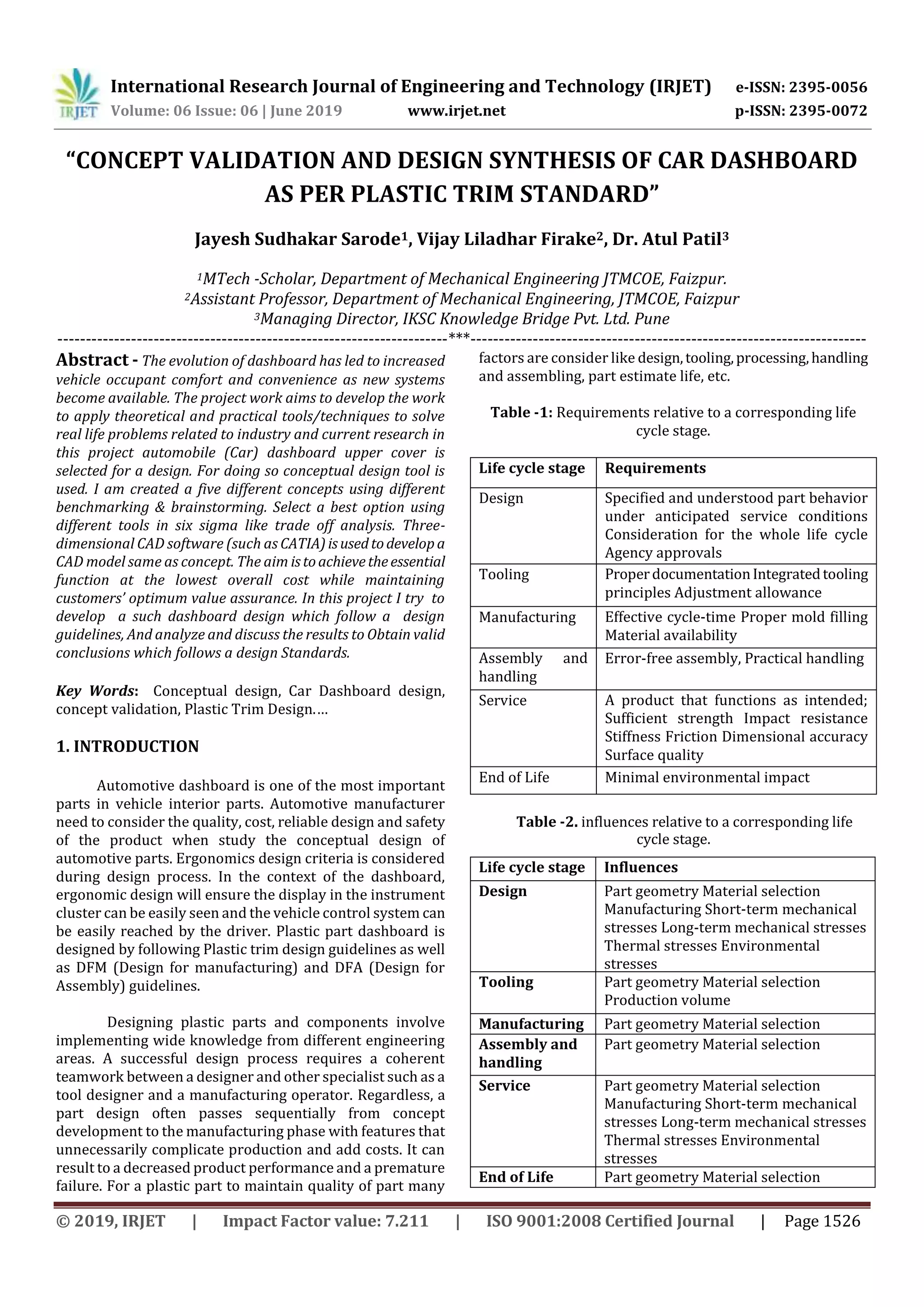 “CONCEPT VALIDATION AND DESIGN SYNTHESIS OF CAR DASHBOARD AS PER ...