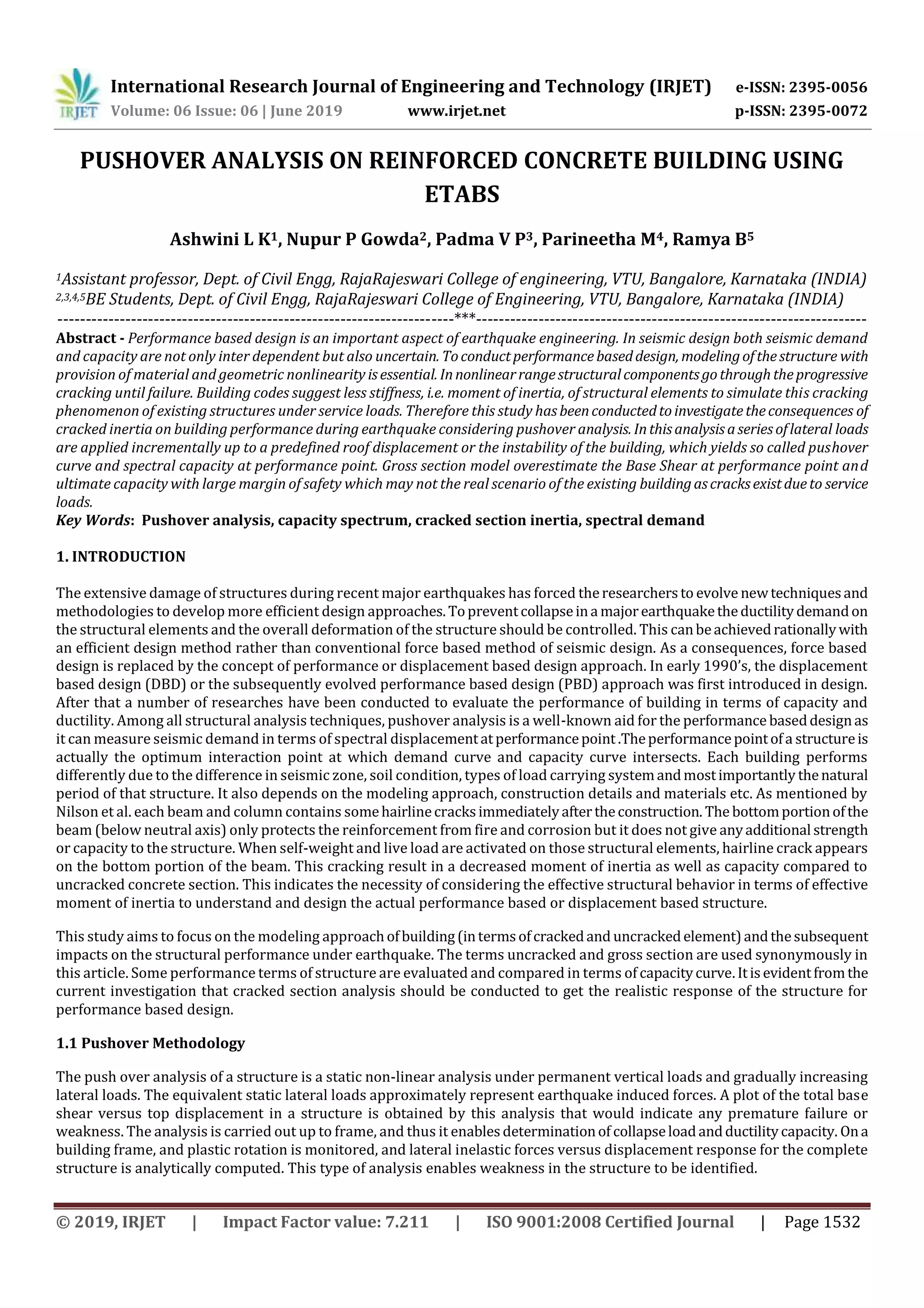 IRJET- Pushover Analysis on Reinforced Concrete Building using ETABS | PDF