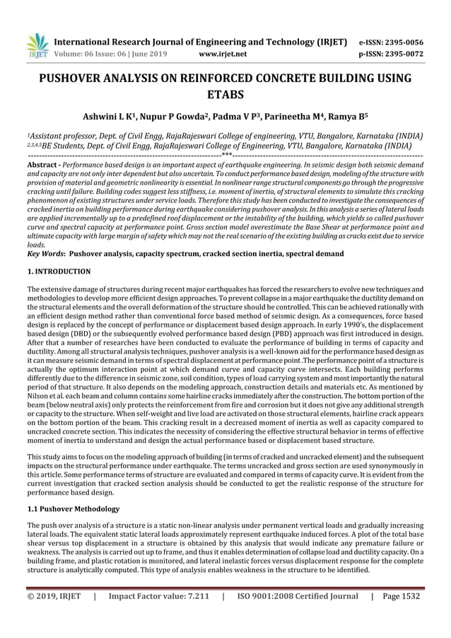 IRJET- Pushover Analysis on Reinforced Concrete Building using ETABS | PDF