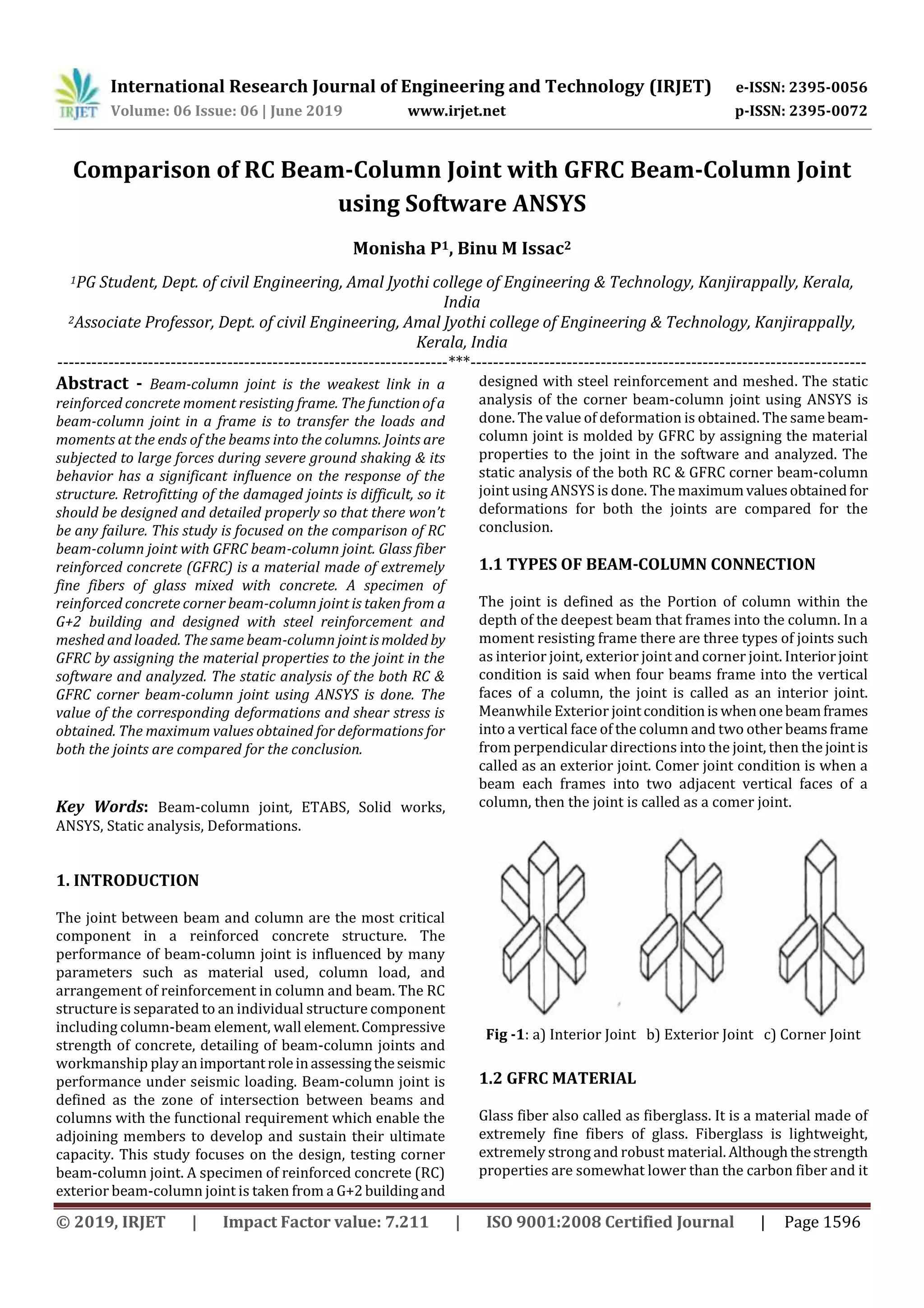 IRJETI Comparison of RC Beam-Column Joint with GFRC Beam-Column Joint using Software ANSYS | PDF