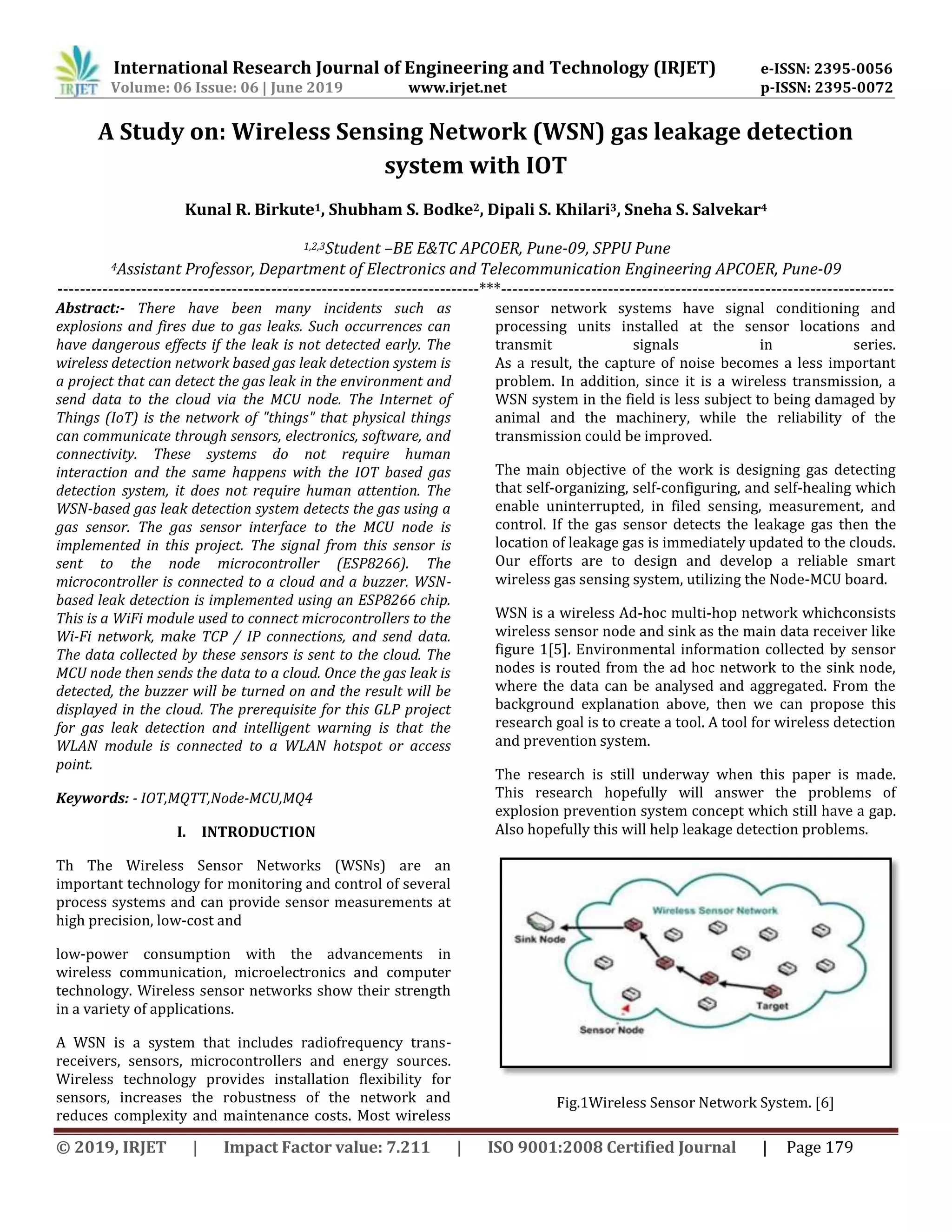 IRJET- A Study on: Wireless Sensing Network (WSN) Gas Leakage Detection System with IoT | PDF
