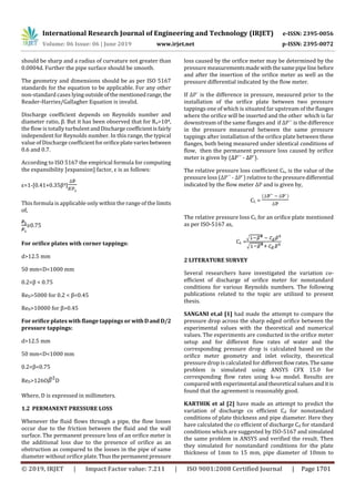 IRJET- CFD Analysis of Flow through Integral Orifice Plate Assemblies Under Diverse Working ...