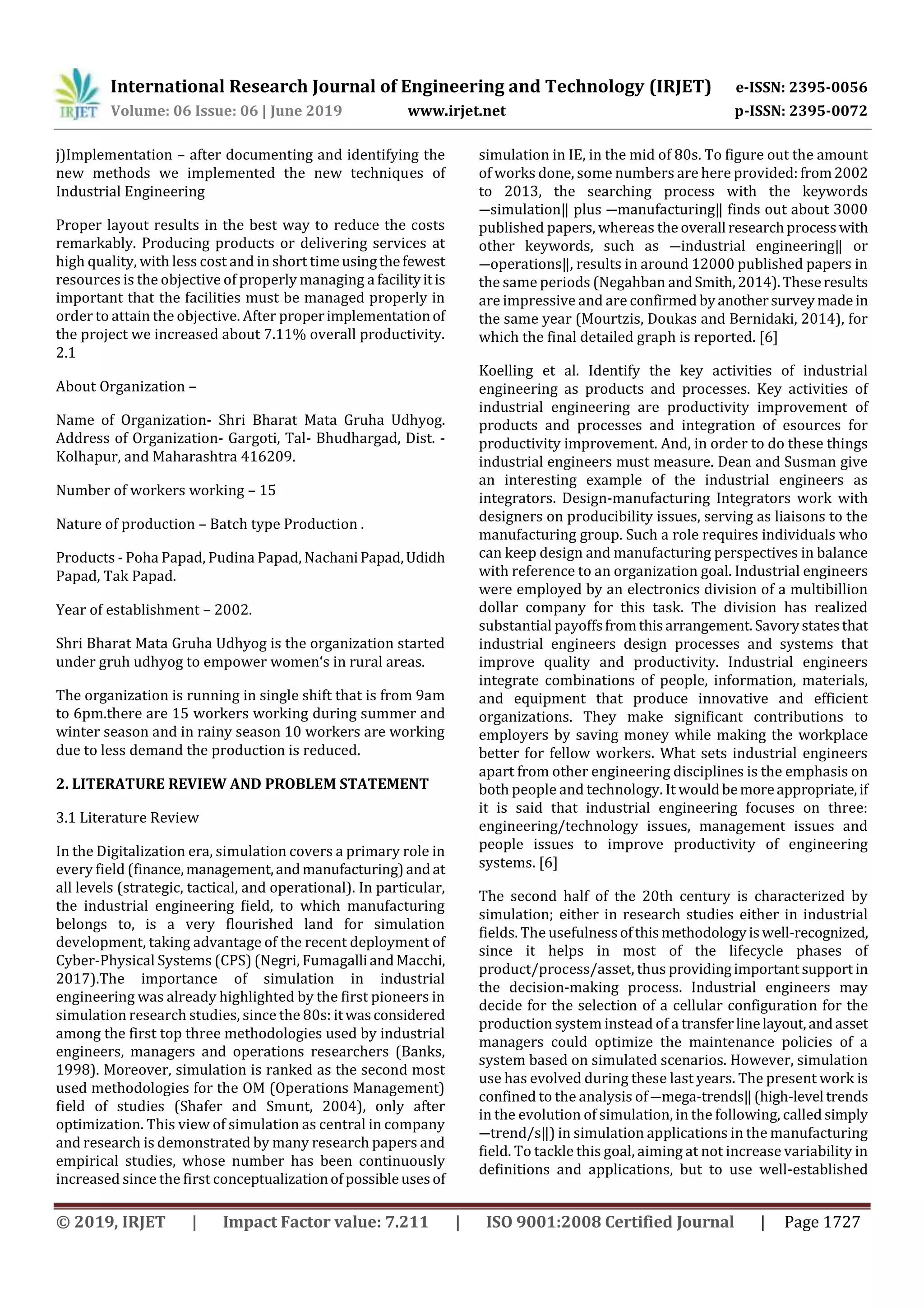 IRJET- Applications of Process Industrial Engineering in Food Industry ...
