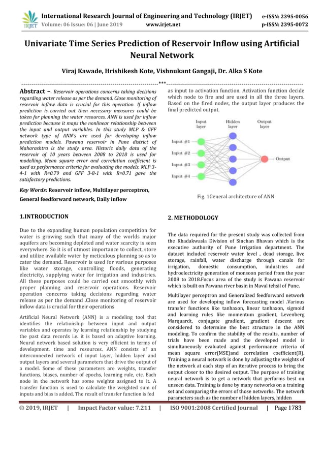 Irjet Univariate Time Series Prediction Of Reservoir Inflow Using Artificial Neural Network Pdf