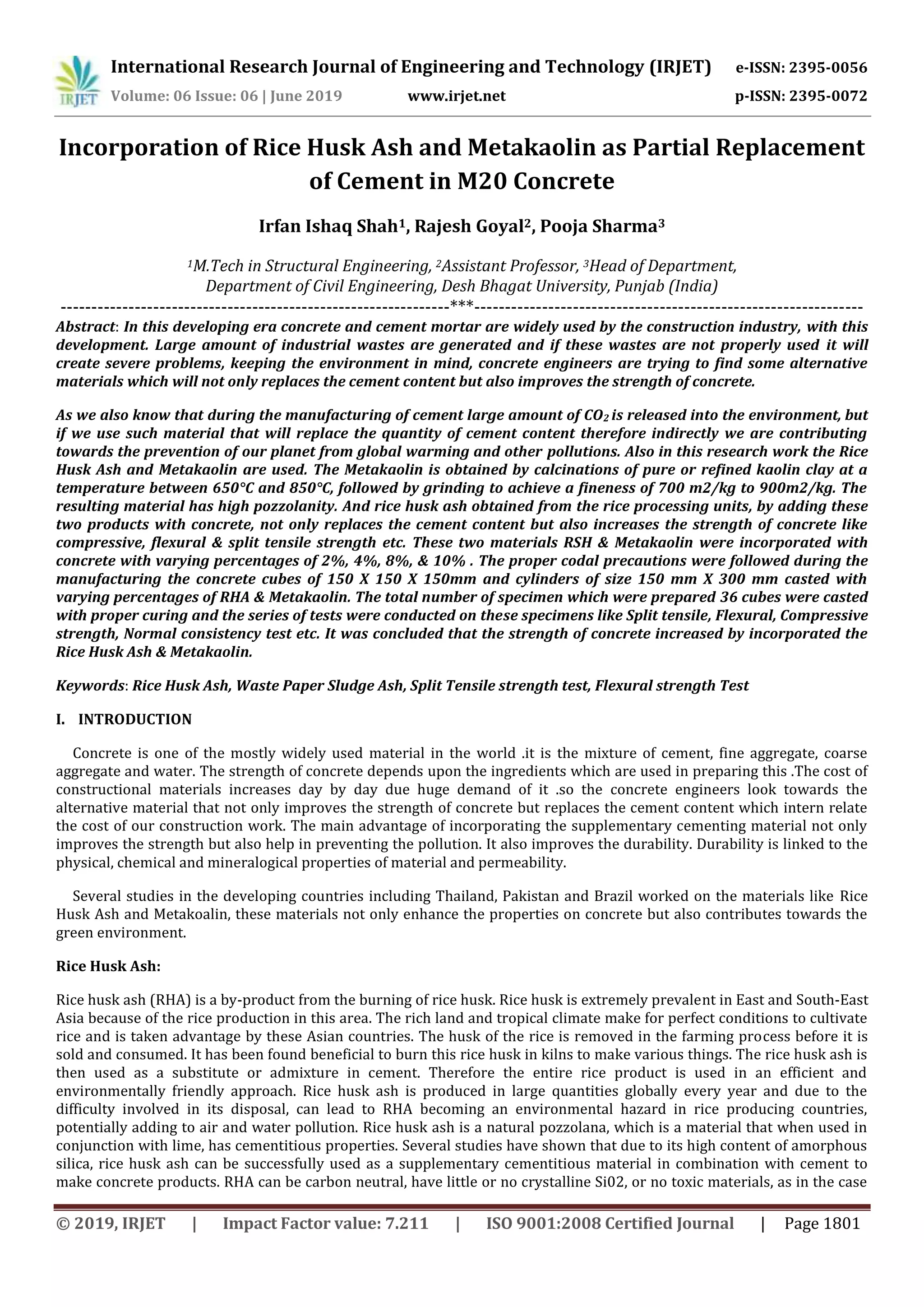 IRJET- Incorporation of Rice Husk Ash and Metakaolin as Partial ...