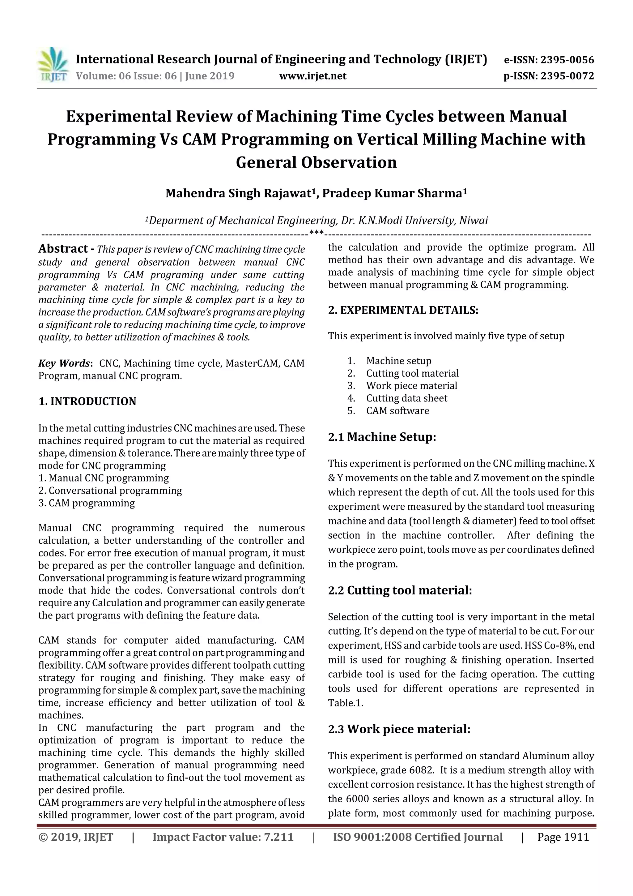 IRJET- Experimental Review of Machining Time Cycles between Manual ...