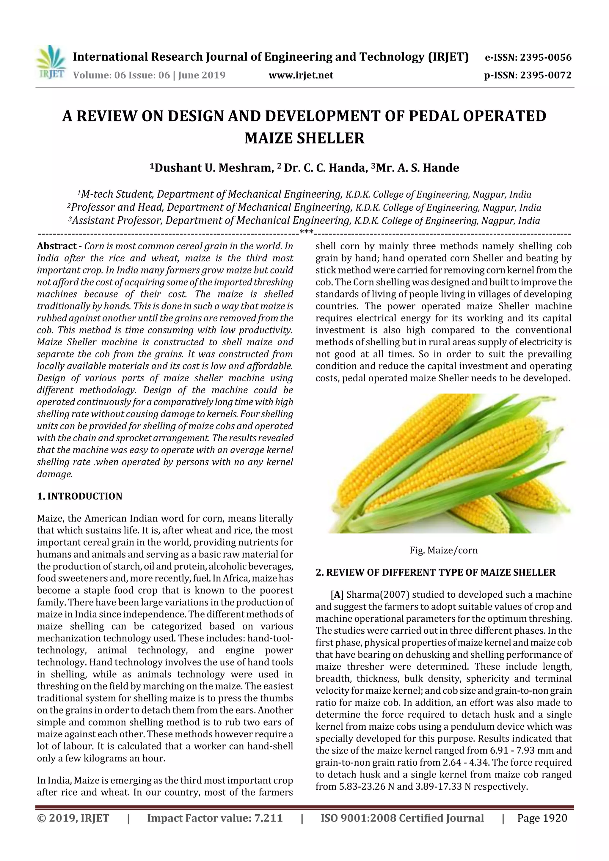 IRJET- A Review on Design and Development of Pedal Operated Maize ...