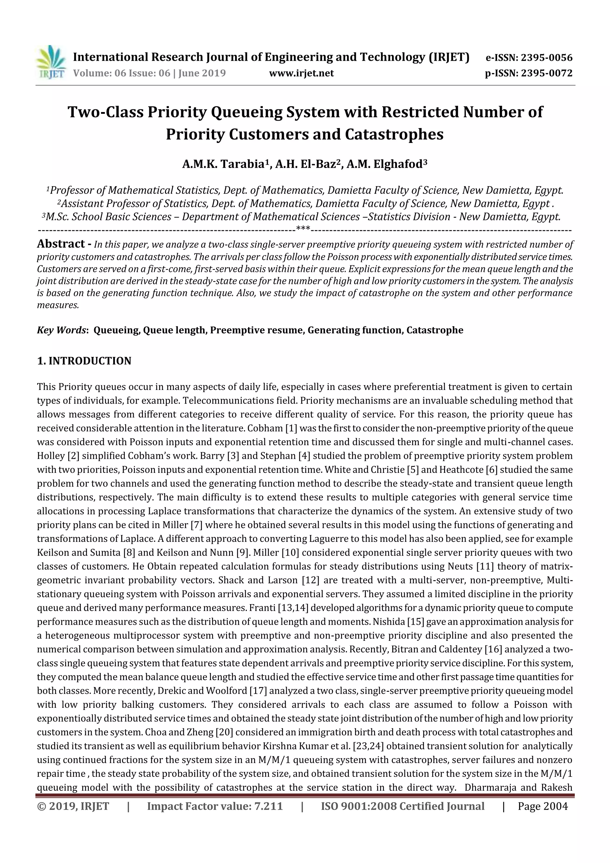 IRJET- Two-Class Priority Queueing System with Restricted Number of Priority Customers and ...