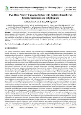 IRJET- Two-Class Priority Queueing System with Restricted Number of Priority Customers and ...