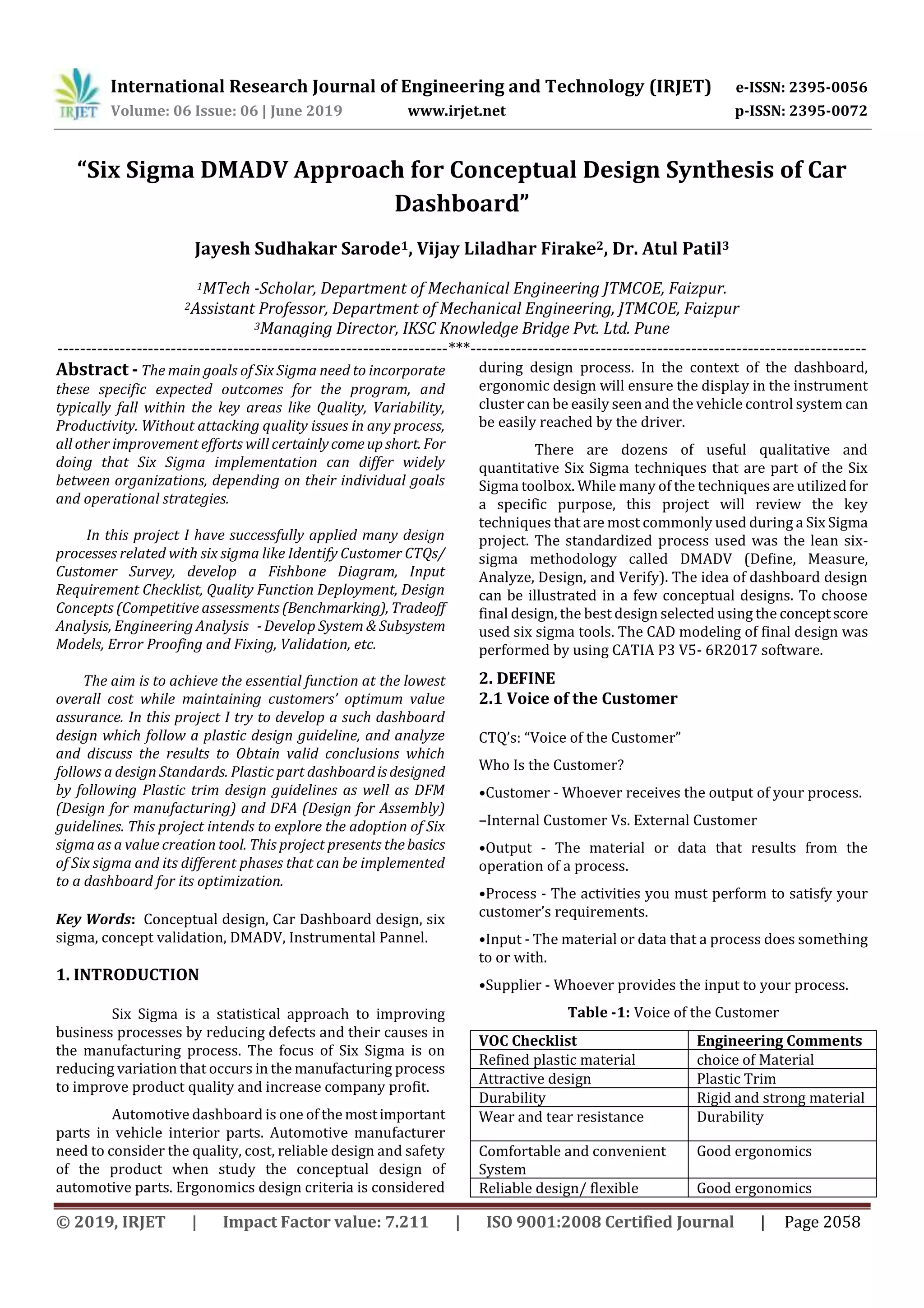 Six Sigma DMADV Approach for Conceptual Design Synthesis of Car Dashboard | PDF | Mechanical and ...