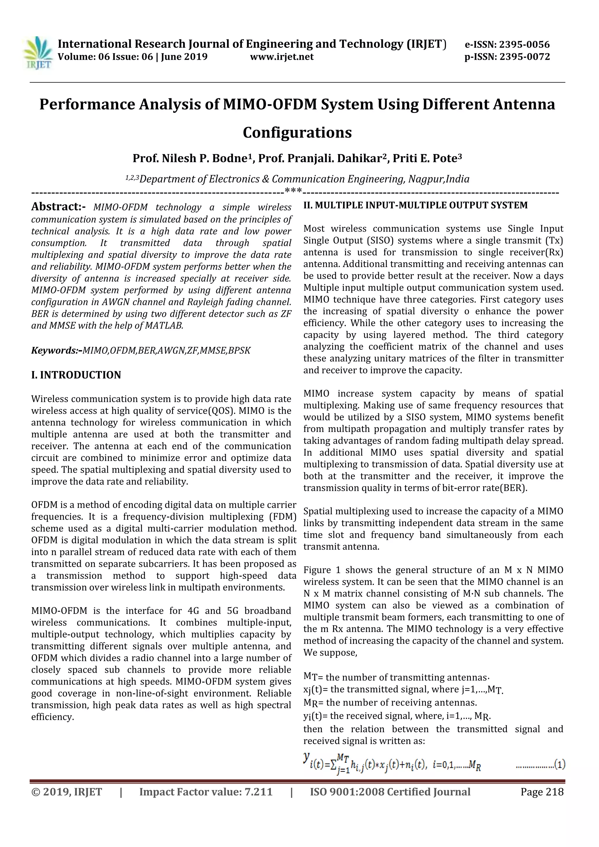 Irjet Performance Analysis Of Mimo Ofdm System Using Different Antenna