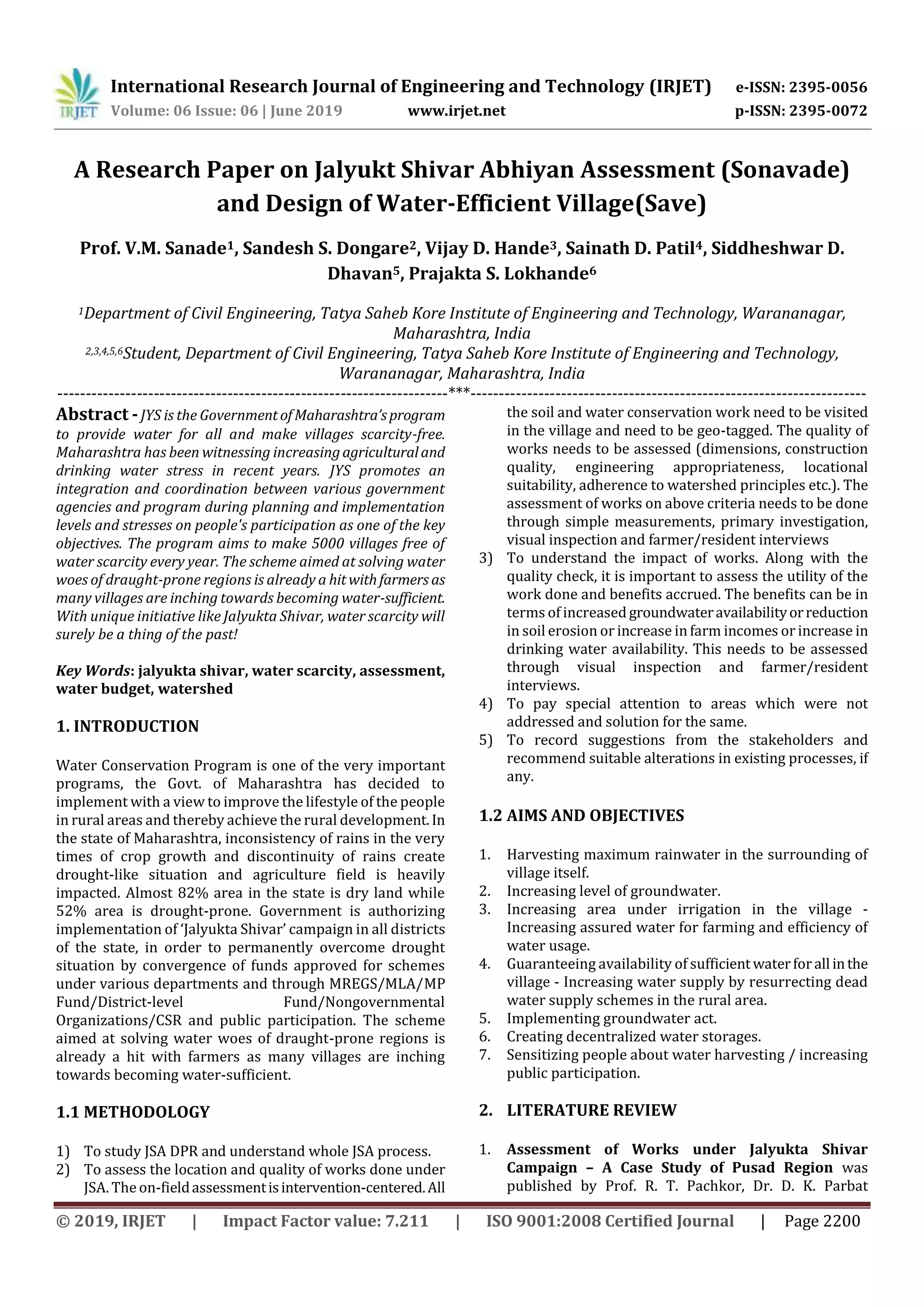 IRJET- A Research Paper on Jalyukt Shivar Abhiyan Assessment (Sonavade ...