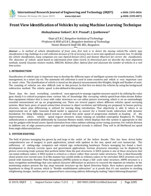 IRJET- Front View Identification of Vehicles by using Machine Learning Technique | PDF